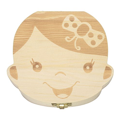 Mogoko Baby Teeth Keepsake Box Wooden Tooth Fairy Boxes, Child Kids Tooth Storage Holder Organizer(Girl, English; Customized Personalized Optional)