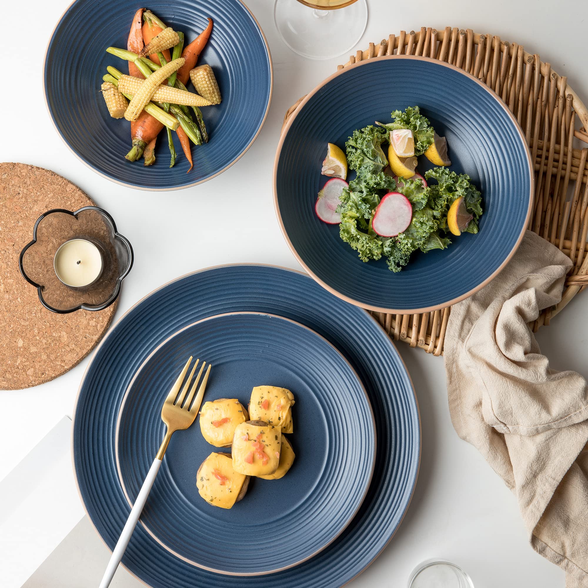 Arora RINGAR Round Stoneware 16pc Double Bowl Dinnerware Set for 4, Dinner Plates, Side Plates, Cereal Bowls, Pasta Bowls - Speckle Matte Blue (420796)