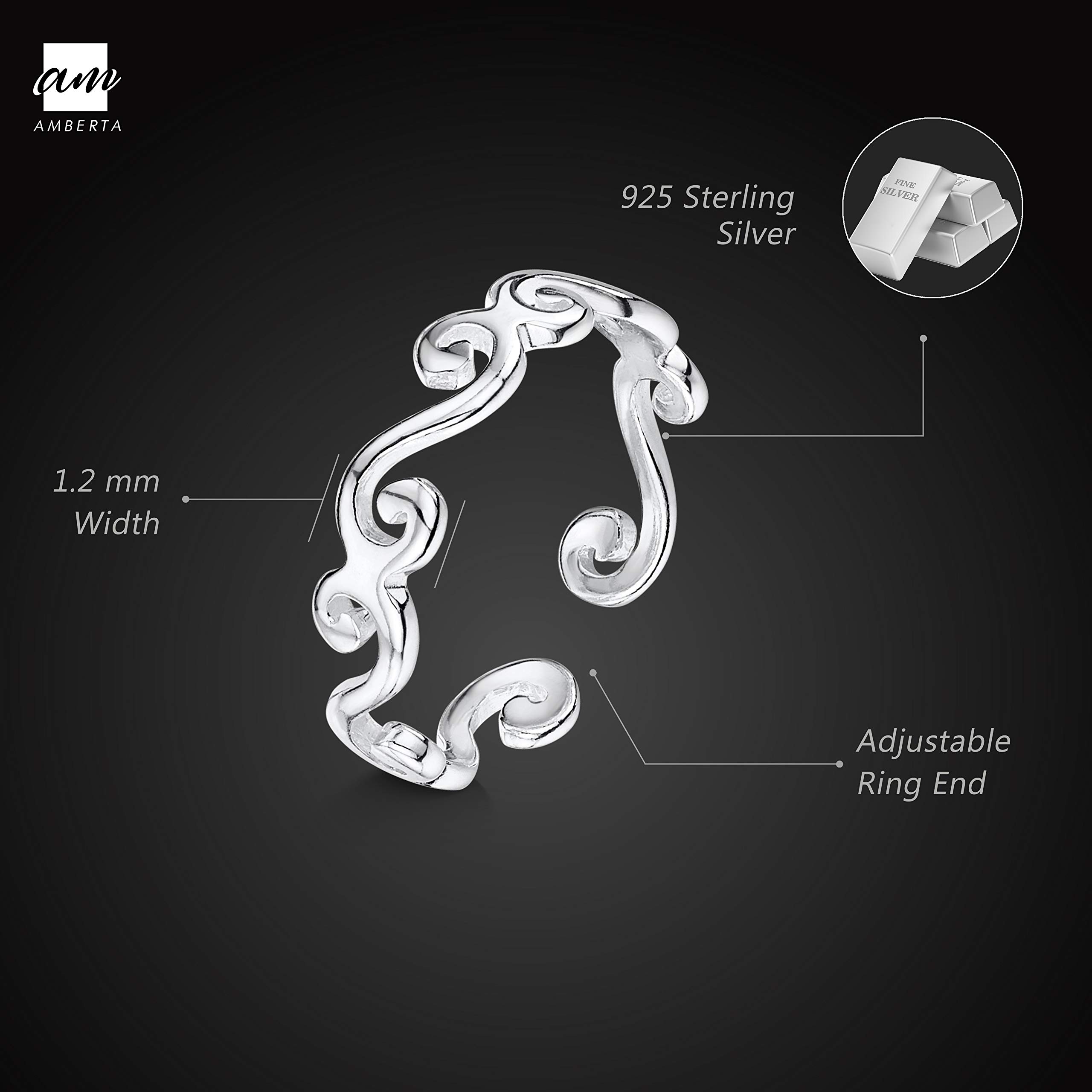 Amberta 925 Sterling Silver - Toe and Midi Ring for Women - Adjustable Fit - Wave Design - Internal Diameter 14 mm - Size 3
