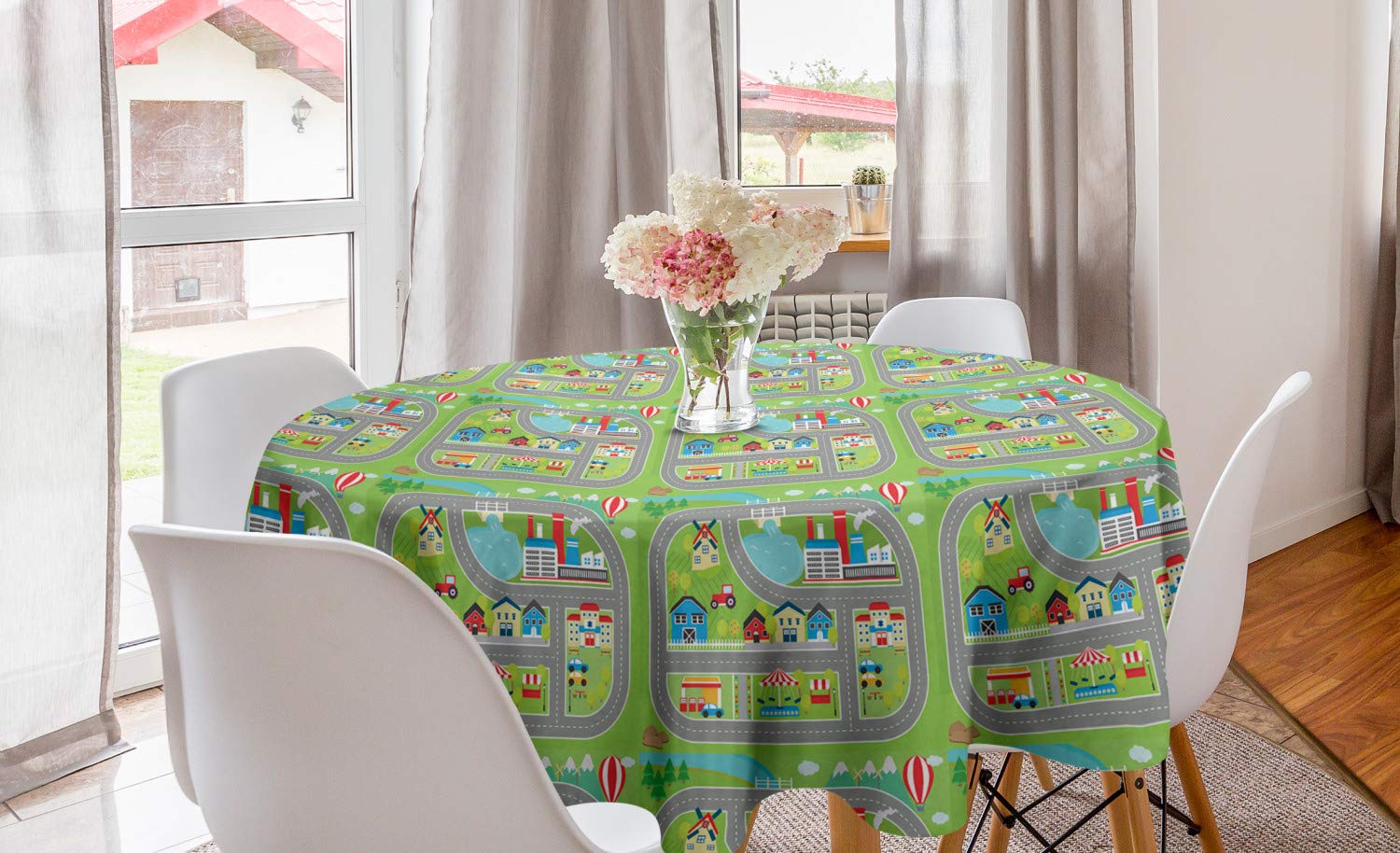 Ambesonne Car Race Track Round Tablecloth, Roadway Activity Sunny City Landscape Illustration with Farm Factory, Circle Table Cloth Cover for Dining Room Kitchen Decoration, 60", Multicolor