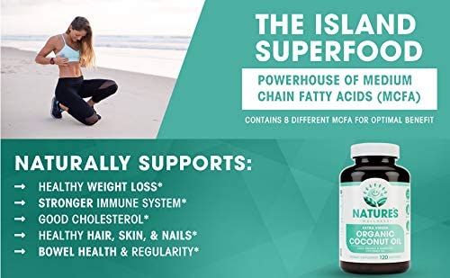 Natures Wellness Organic Coconut Oil 2000mg - Healthy Skin, Nails, Hair Growth – Extra Virgin, Cold Pressed, Unrefined Non GMO - Rich in MCT MCFA - Support Brain Function