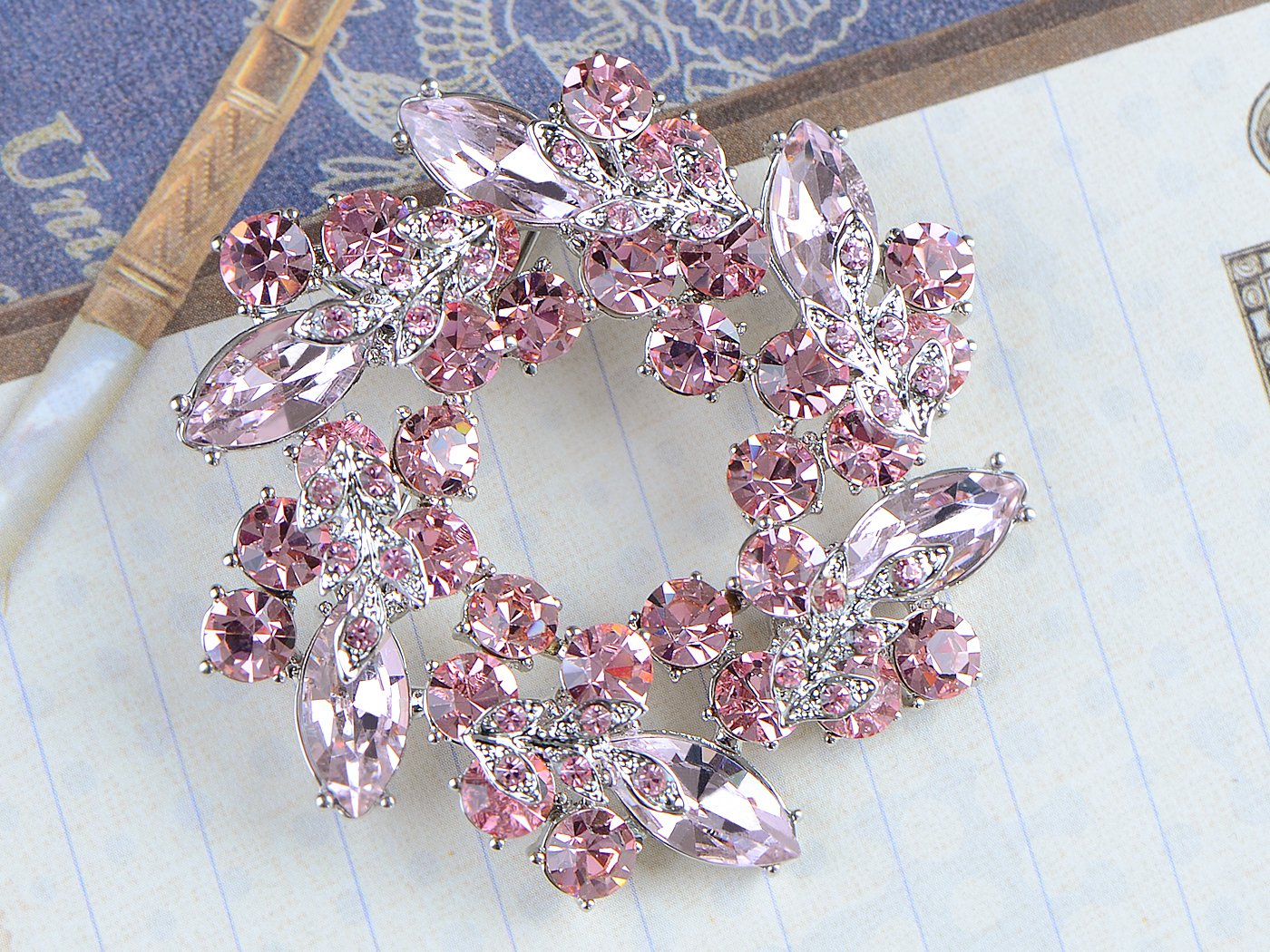 Alilang Womens Diamond Inspired Floral Wreath Holiday Christmas Old Fashion Brooch Pin, Pink