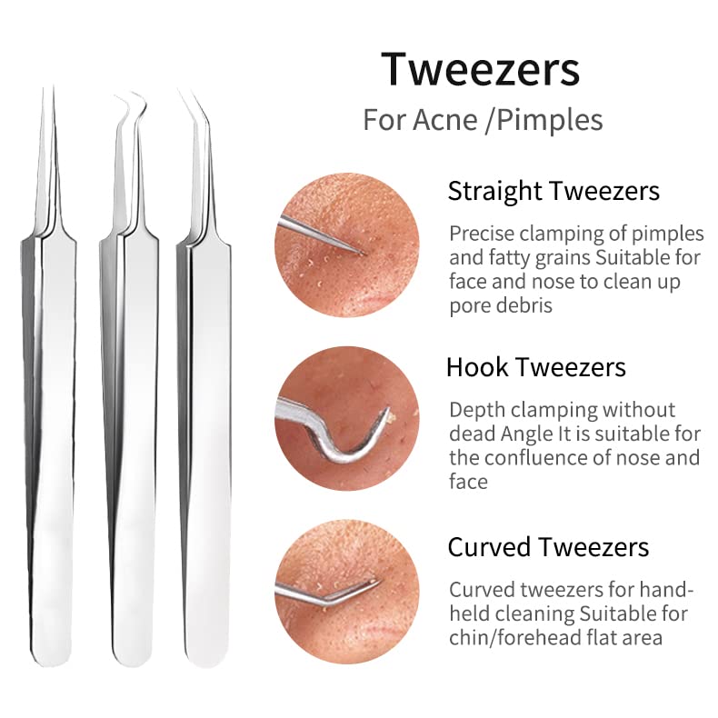Blackhead Remover Tools,2024 Newest 10 PCS Acne Needles,GERY Whitehead removal Extractor tools,Pimple Popper Tool Kit, Professional Stainless Pimple Acne Blemish Removal Tools Set with Leather package