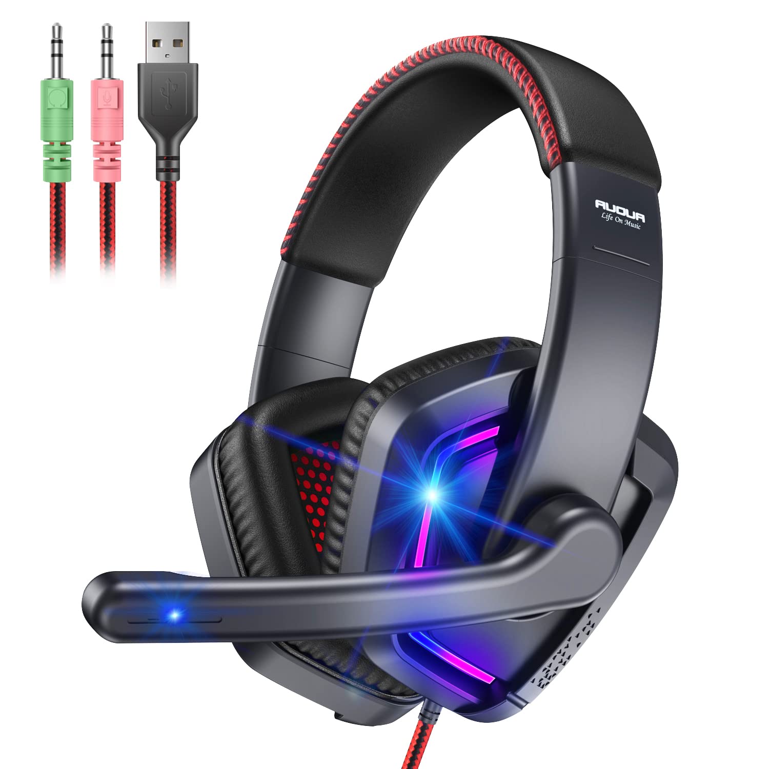 AUOUA Gaming Headset with Active Noise Cancelling Mic, Over Ear Wired Gaming Headphone │Colorful RGB Lights, 3D Stereo Sound│Soft Memory Foam Earmuffs, 3.5mm Jack Compatible with PC PS4 PS5 Gamer