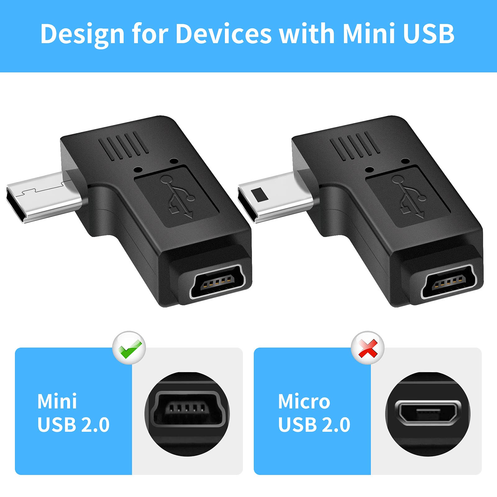 UCEC USB 2.0 Adapter Plug, Mini USB to Mini USB, Left and Right Angle Mini to Mini - Male to Female - Pack of 2