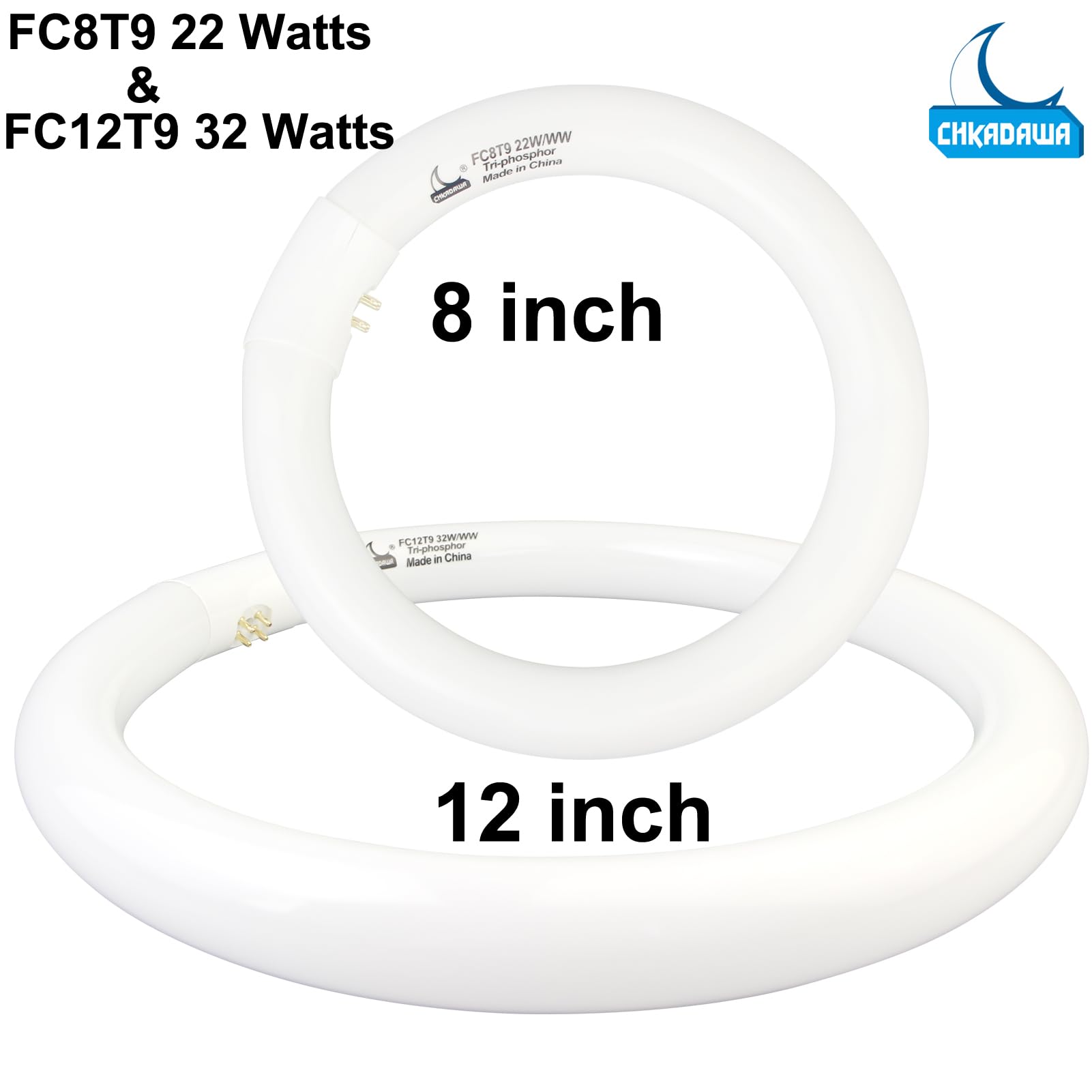 FC8T9/KB 22W and FC12T9/KB 32W Warm White Set, Round Fluorescent 8 inch T9 22 Watts & Circular Light Bulbs 12 inch 32 Watts Pack, Circline Kitchen and Bath Ceiling Fan Bulb, 3000K, G10q Prong