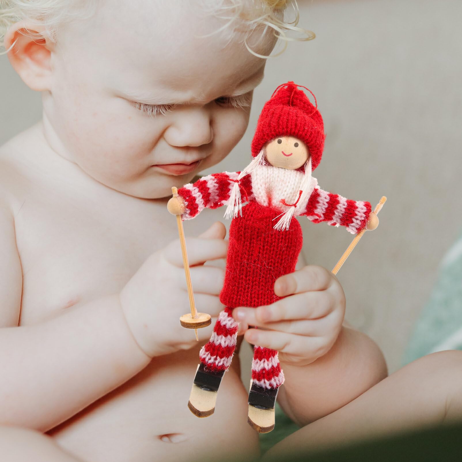 Amosfun Christmas Figurine Holiday Wooden Figure Miniature Ski Doll Ornament Gift Table Adults 5pcs (Mixed Pattern)