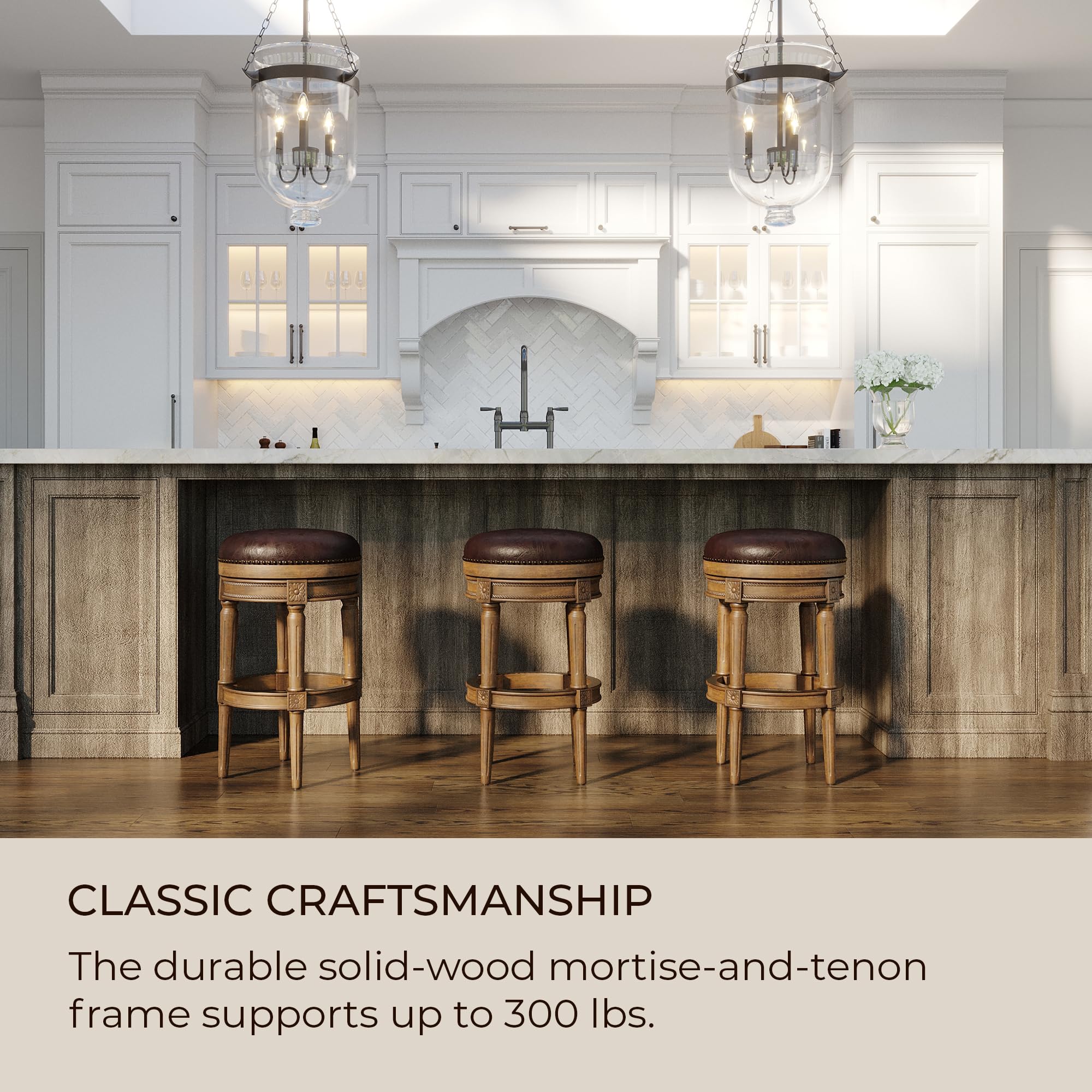 Maven Lane Pullman 31 Inch Tall Bar Height Upholstered Backless Barstool in Walnut Finish with Marksman Saddle Vegan Leather Cushion Seat, Set of 3