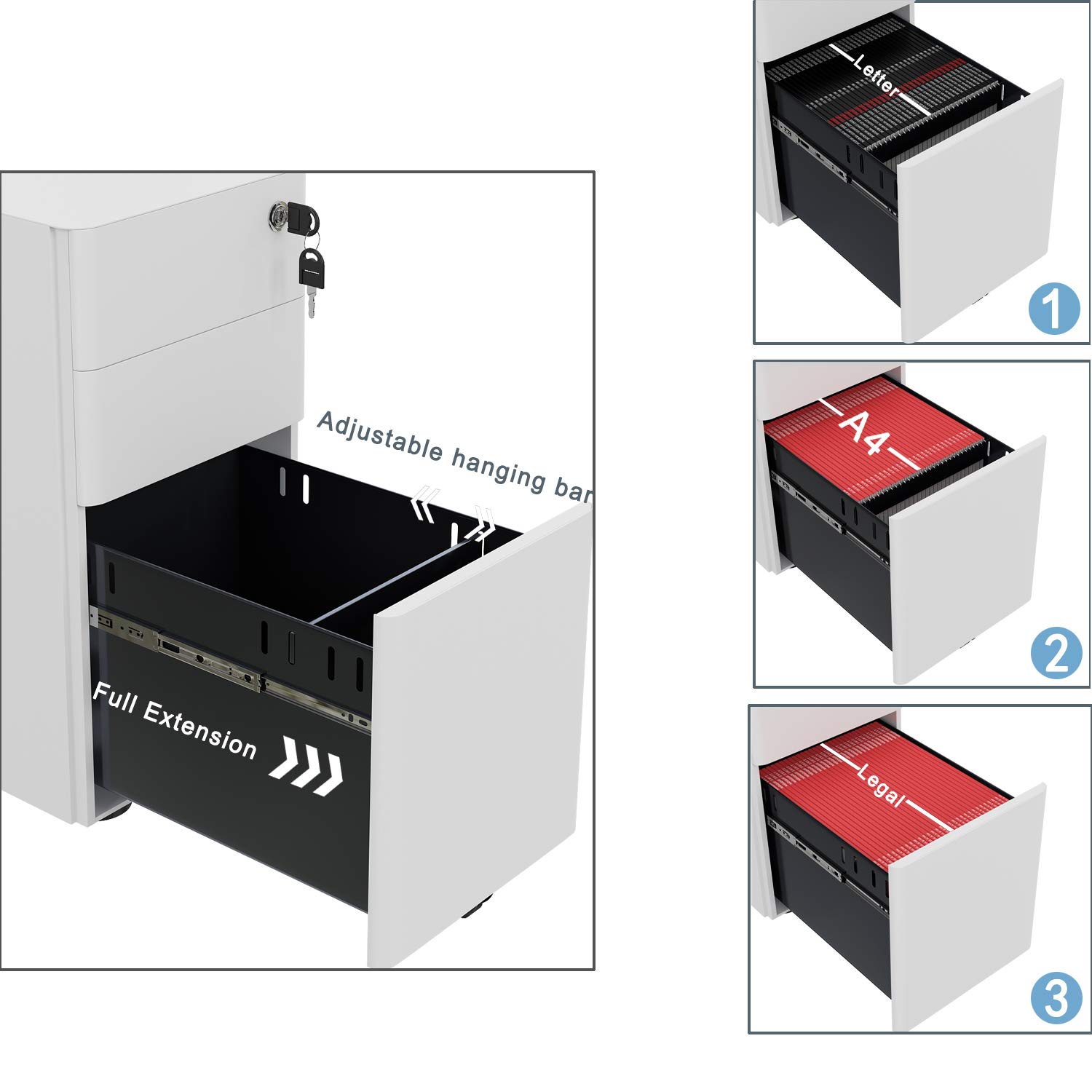 AMISEN File Cabinet，3-Drawer Metal Mobile Filing Cabinets Office Drawer with Lock，Slim Storage Cabinet for Legal/Letter/A4 File, Fully Assembled Including Casters, White
