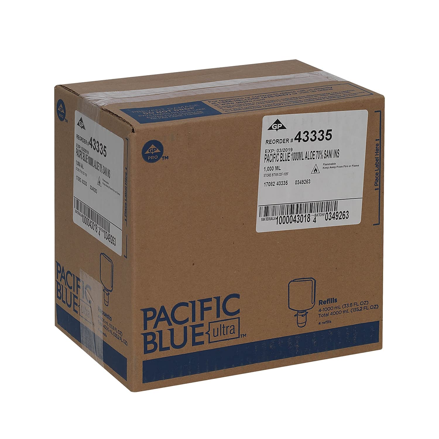 Georgia-Pacific Professional 43335 Pacific Blue Ultra Soap/Sanitizer Dispenser Refill, Unscented, 1000mL, 4/CT