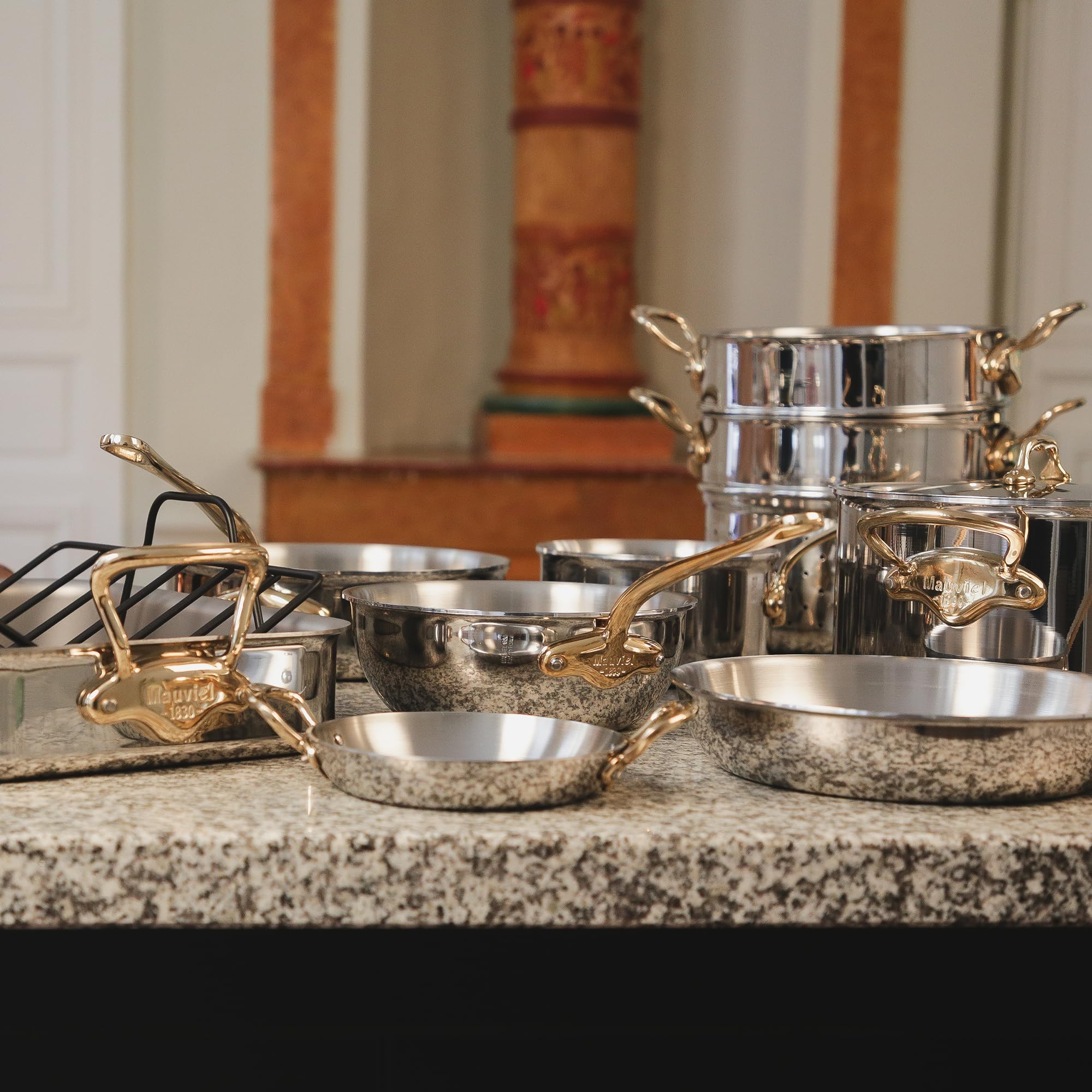 Mauviel M'Cook B 5-Ply Polished Stainless Steel Frying Pan With Brass Handle, 10.2-in, Made In France