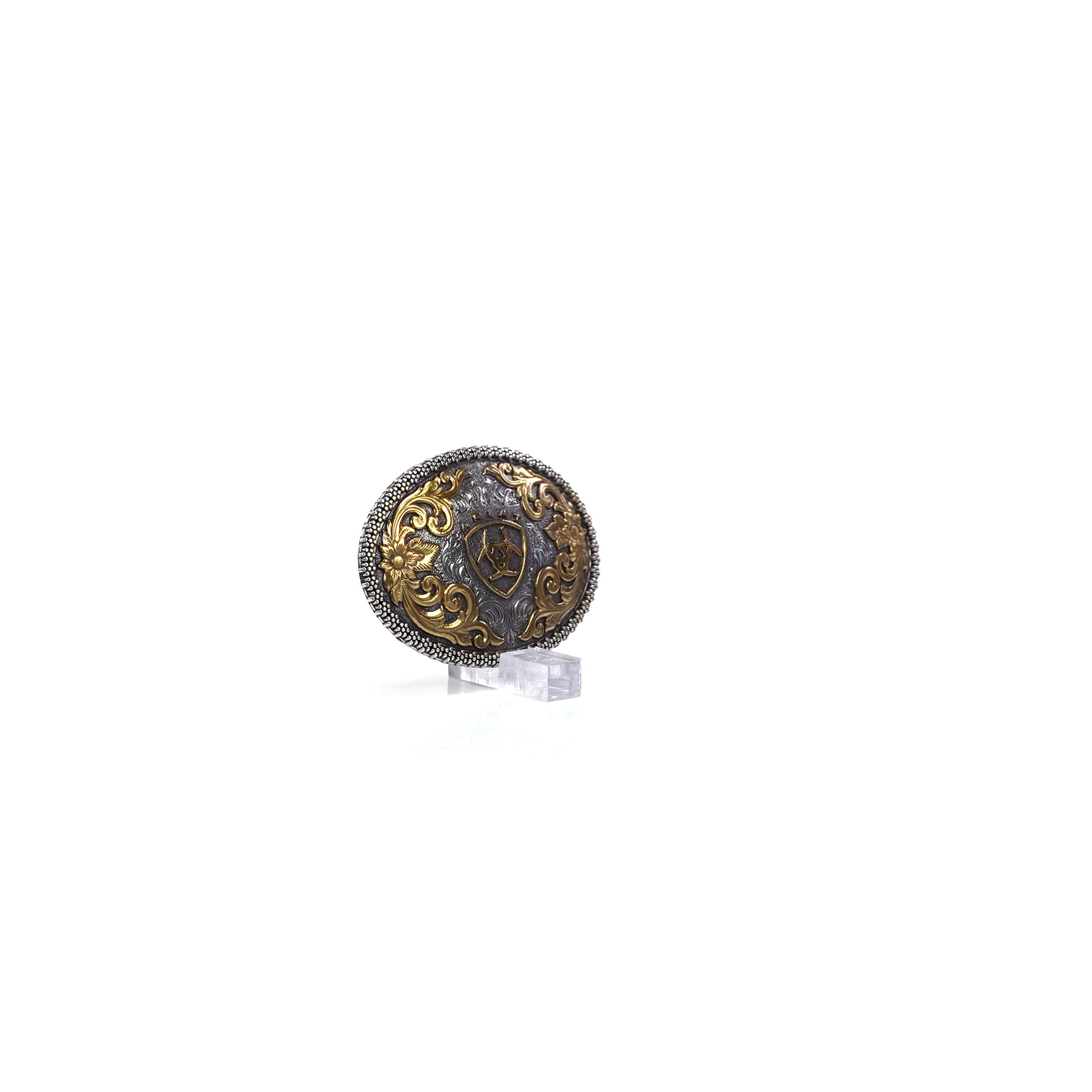 ARIAT Oval Buckle with Logo, Floral Scrolls and Filigree Detail, Antique Gold and Silver Finish, 3.75"x 2.75"