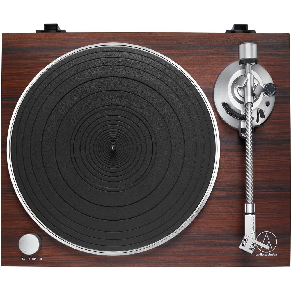 Audio-Technica AT-LPW50BT-RW Bluetooth Turntable Manual Belt-Drive 33/45 (Rosewood) Bundle with Deco Gear 12" Turntable Platter Mat, Vinyl Record Cleaning Fluid System with Brush & Microfiber Cloth