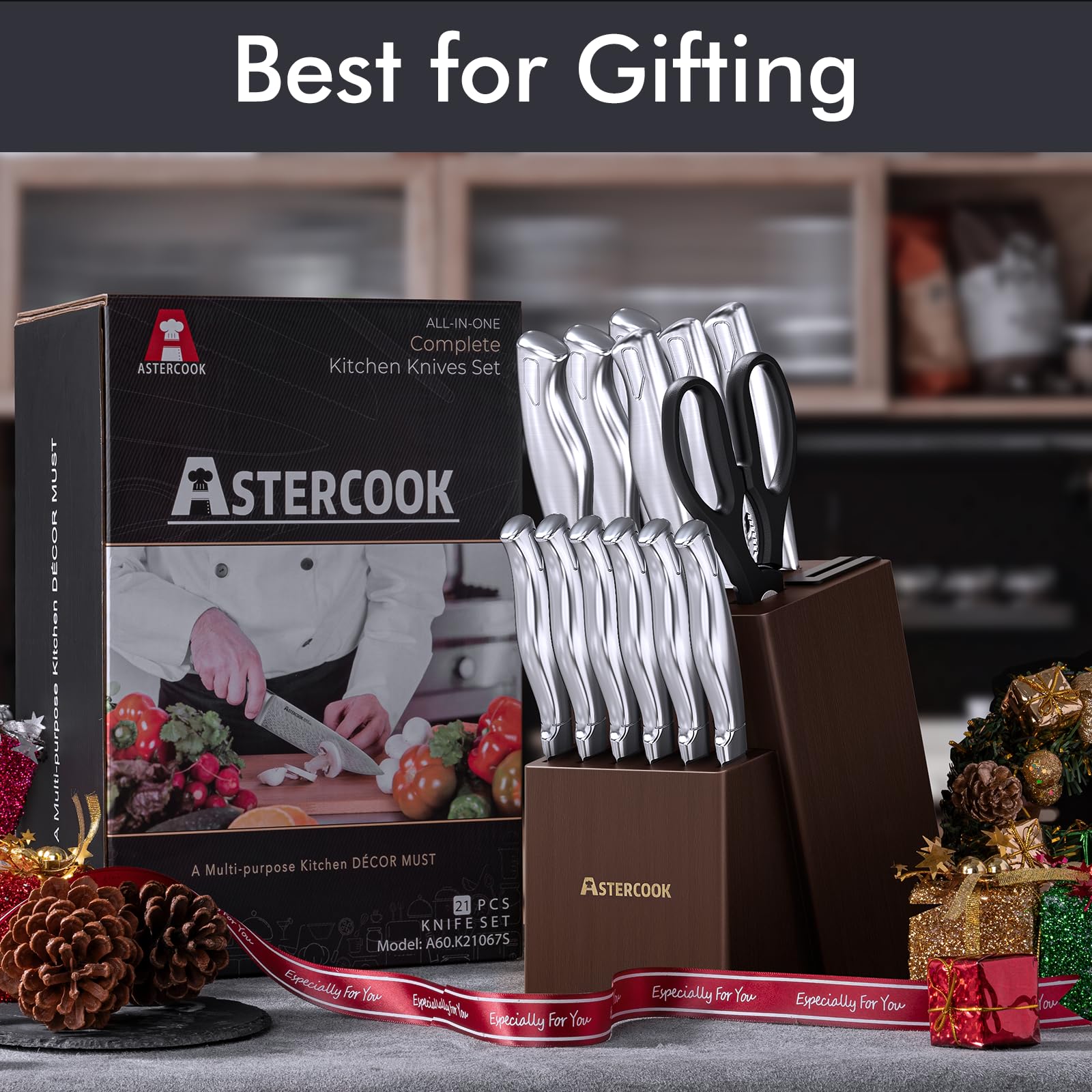 Astercook Knife Set, 20 Pieces Damascus Kitchen Knife Set with Block, Built-in Knife Sharpener, German Stainless Steel Knife Block Set, Dishwasher Safe