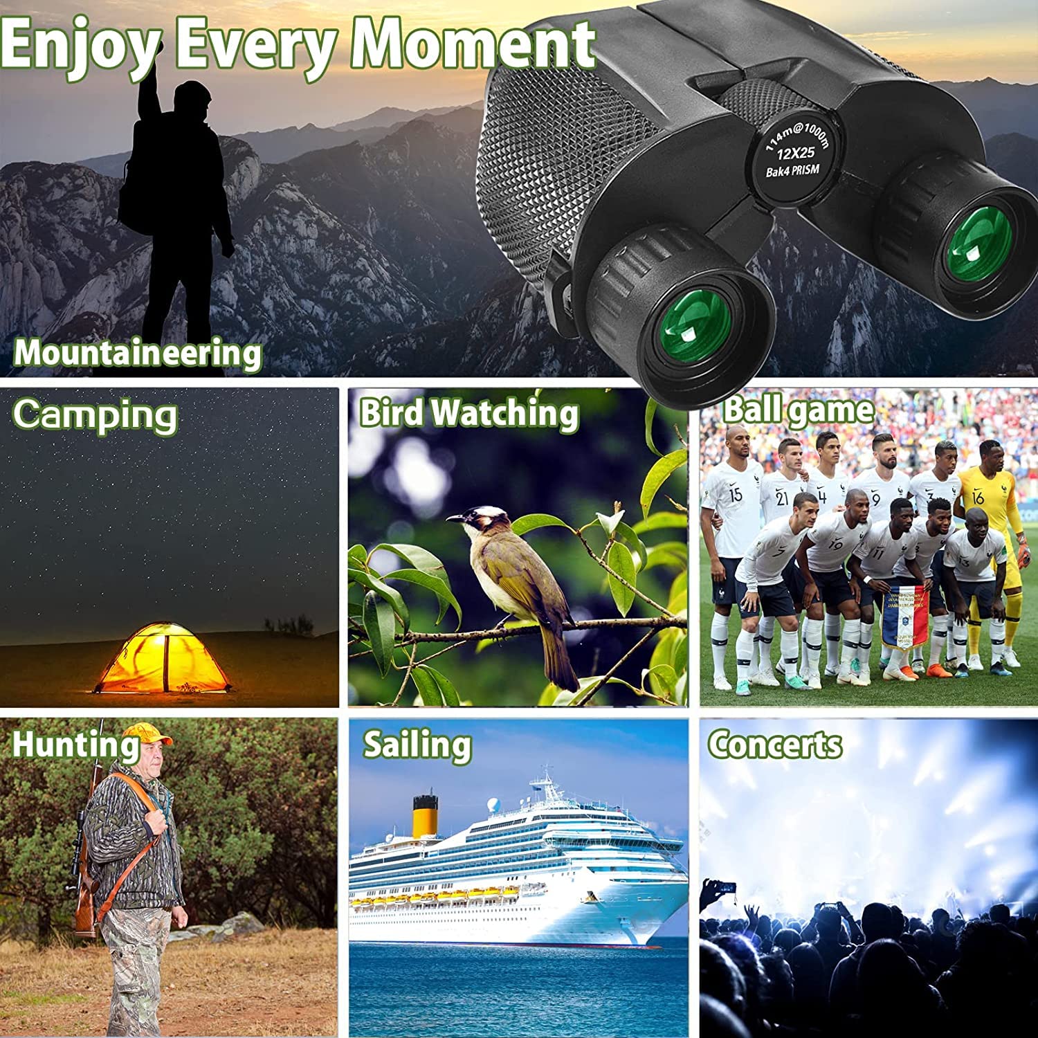 Binoculars for Adults,12x25 Compact Binoculars, Durable & Clear Binoculars for Adults Kids Bird Watching,Opera Concert, Travel, Hiking, Outdoor Scenery, Football Game