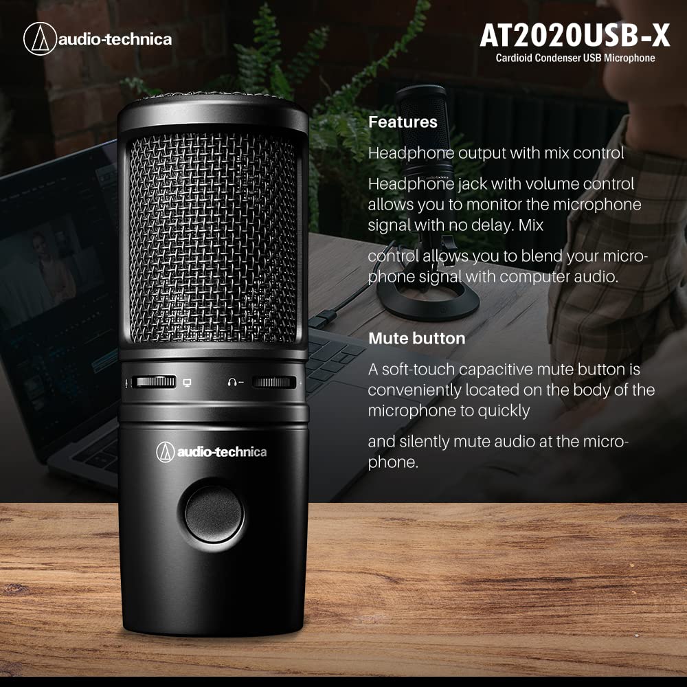 Audio-Technica Cardioid Condenser USB Microphone (AT2020USB-X) w/Built-in Headphone Jack, 24-bit/96 kHz Sample Rate Plus Xpix Bundle w/Pro DJ Headphones + Headphone Holder + Mic Pop Filter and More