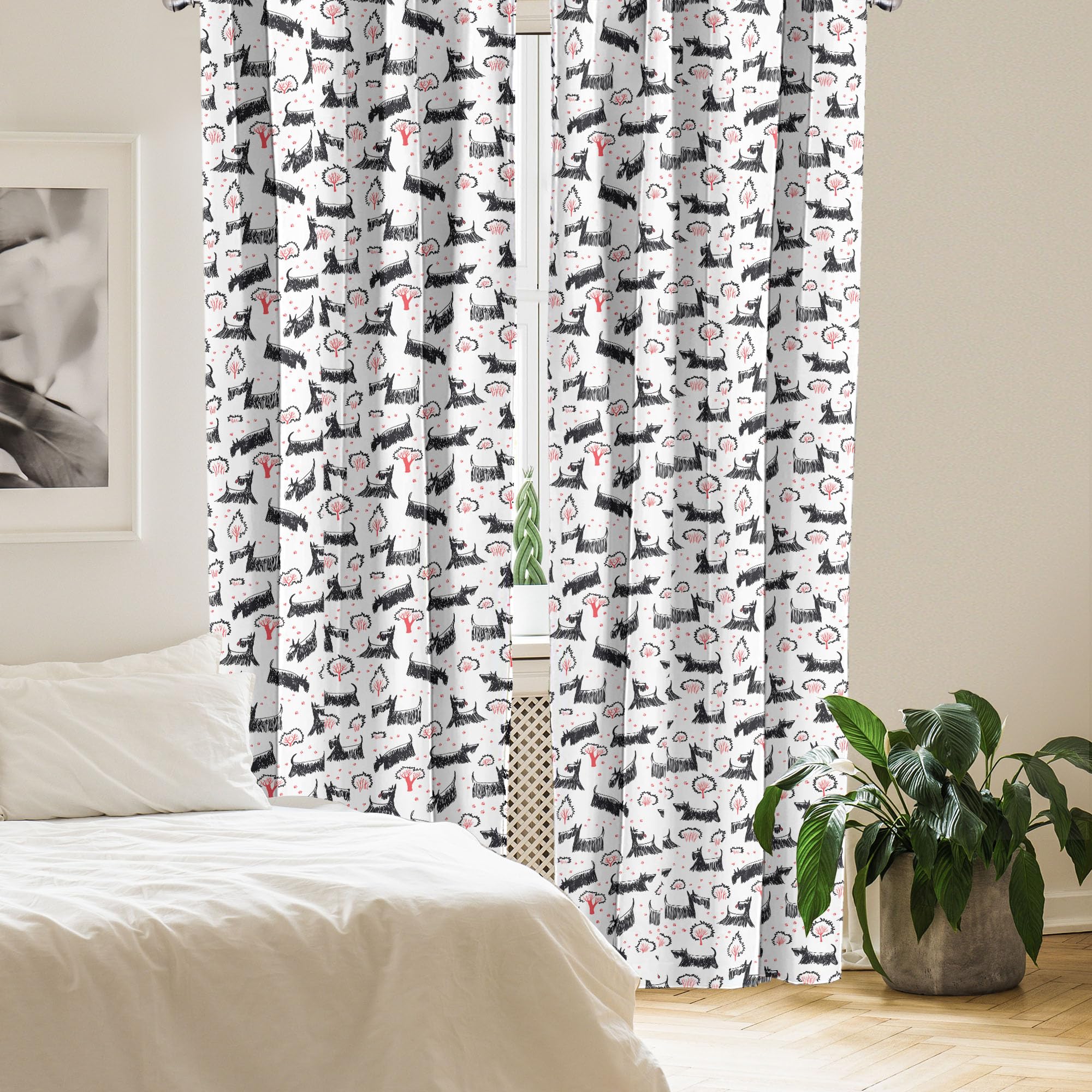 Ambesonne Scottie Dog Window Curtains, Hand-Drawn Sketched and Scribbled Scotch Breeds Playing, Lightweight Decorative Panels Set of 2 with Rod Pocket, Pair of - 28" x 84", Coral Charcoal