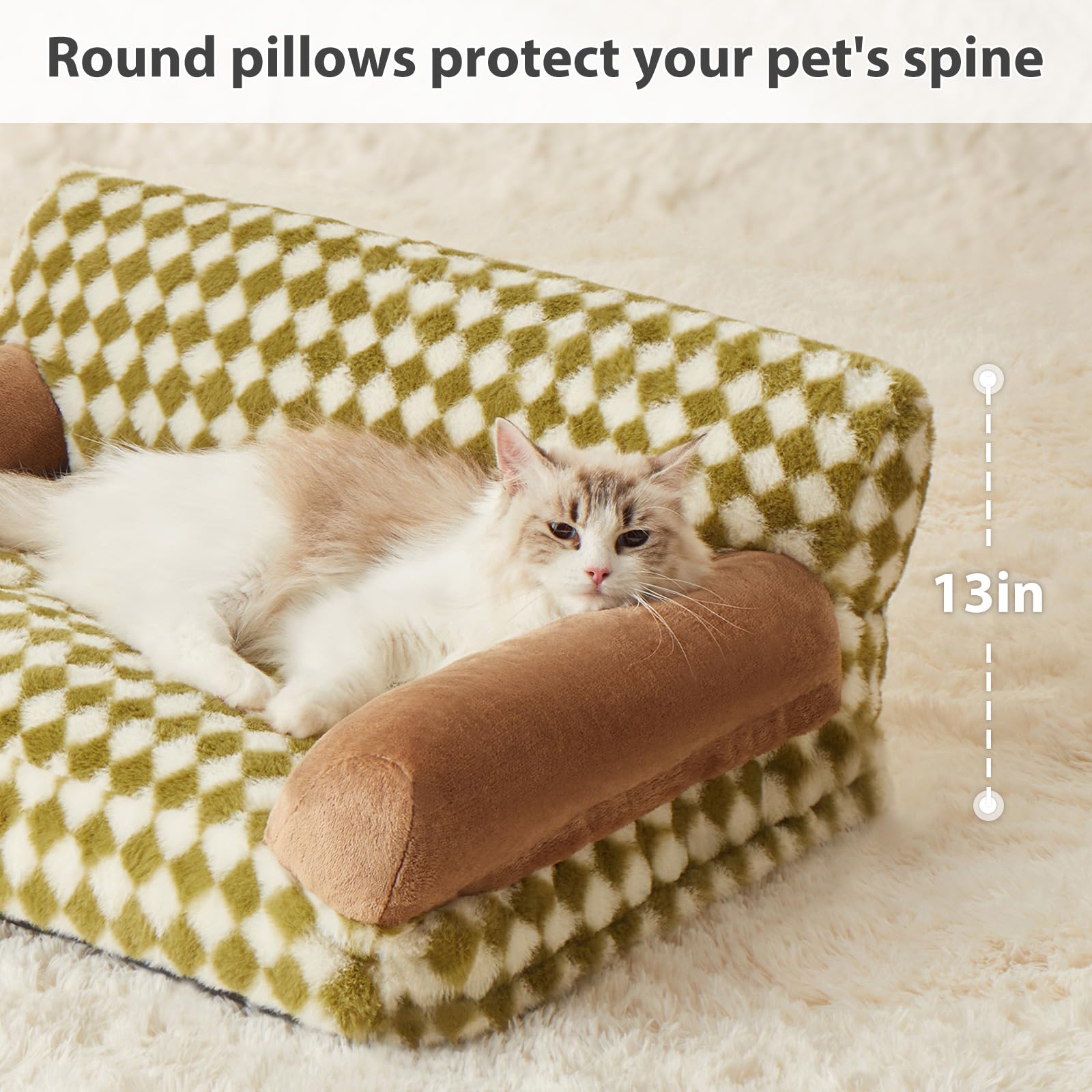 BFPETHOME Cat Couch Bed & Dog Couch Bed, Pet Couch Bed for Small Pet, Cute Dog Sofa Bed, Cat Sofa & Pet Sofa with Non-Slip Bottom, Checkered Dog Bed with Washable Cover (Green&White)