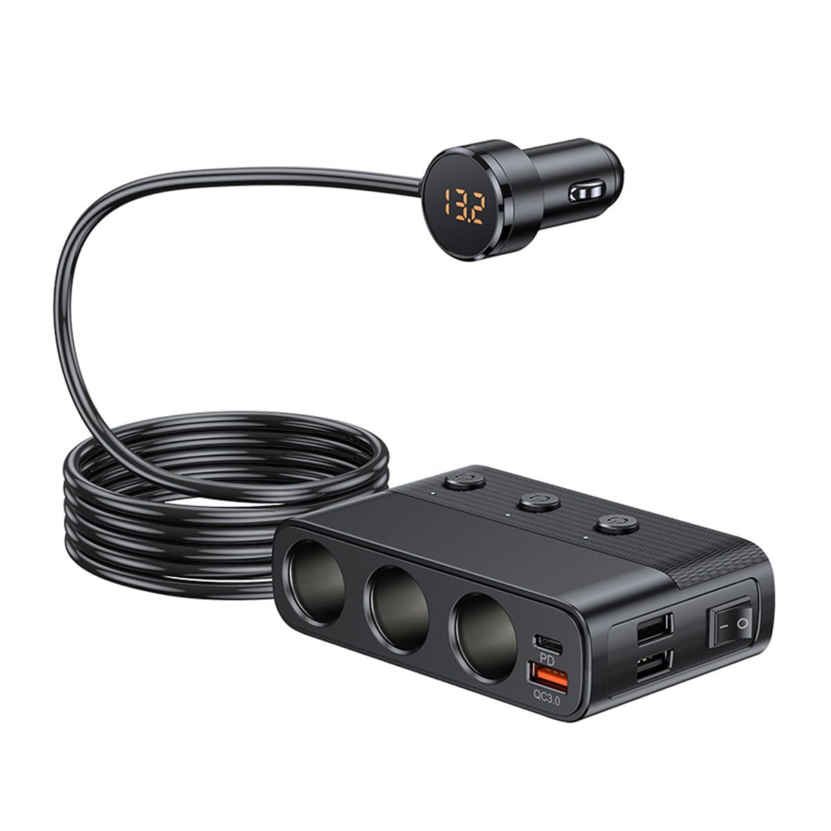 Ankuee Car Cigarette Lighter Splitter, 3 Socket Car Charger with PD/QC 3.0 Charging Ports, 3 USB 128W 12V/24V Independent Switches Car Splitter Adapter with LED Voltage Display (3.3FT Cable)