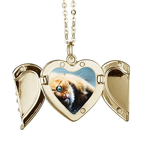 Animal Pure Blue Eye Cat Photograph Folded Wings Peach Heart Pendant Necklace