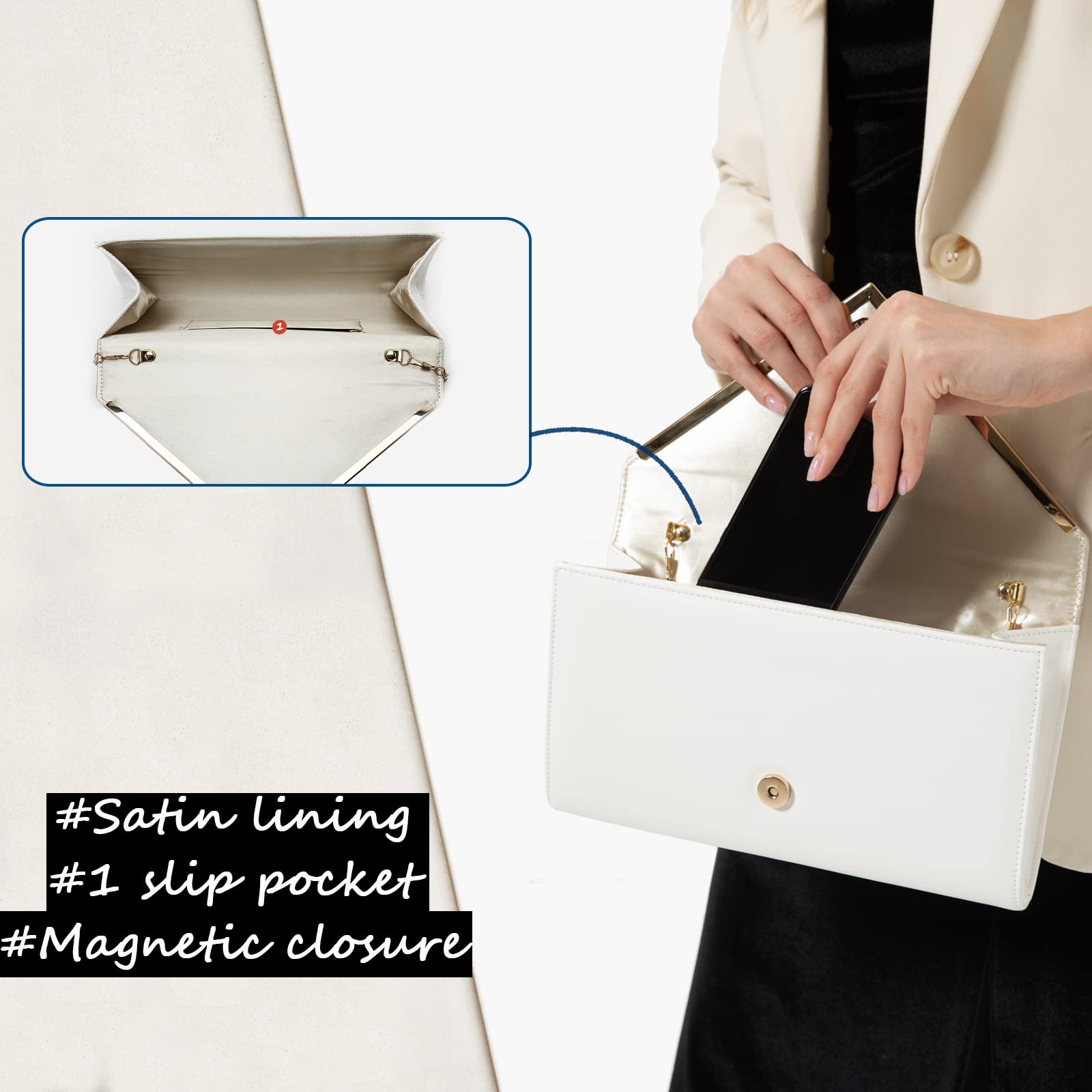 AHIBGRN Evening Bag Vegan Leather, Clutch Purses for Women Wedding, Classy Women's Evening Handbags, Shoulder Bag, Envelope Clutch White