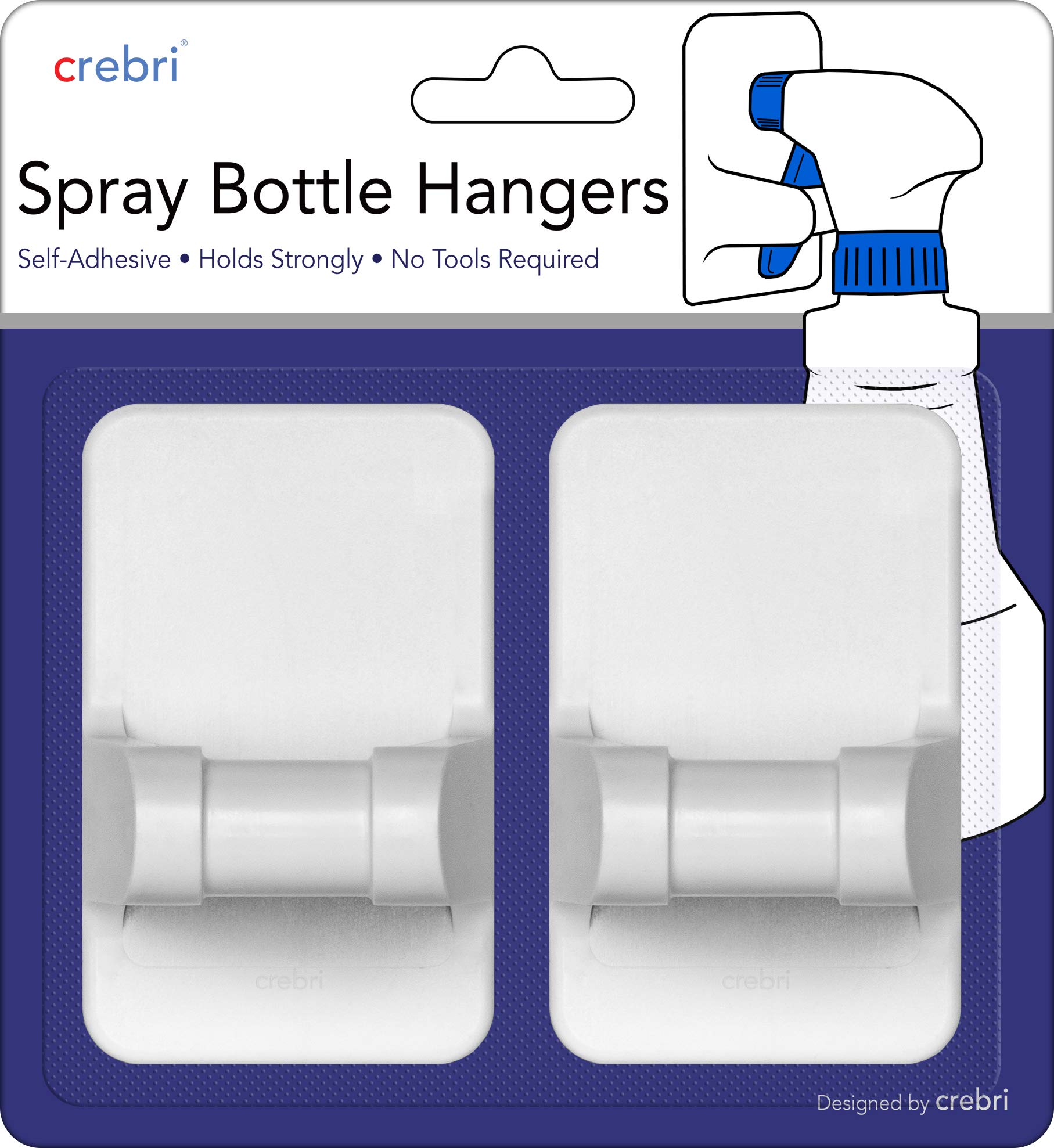 Crebri Wall Hooks for Spray Bottle, Salf-Adhesive Spray Bottle Holder, for Spray Bottles up to 32 oz - White, 2 Pack