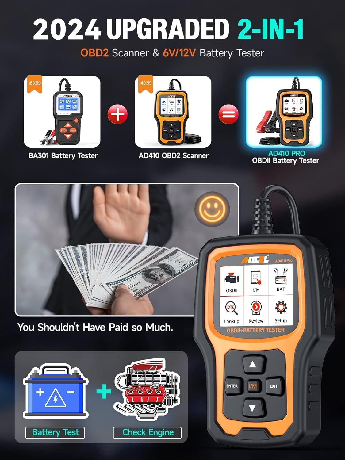 ANCEL AD410 Pro+ 2 in 1 OBD2 Scanner Battery Tester, OBD2 Scanner Diagnostic Tool for Car Check Engine Code Reader Scan Tool & 6V 12V 100-2000 CCA Battery Charging Cranking Test EVAP Live Data
