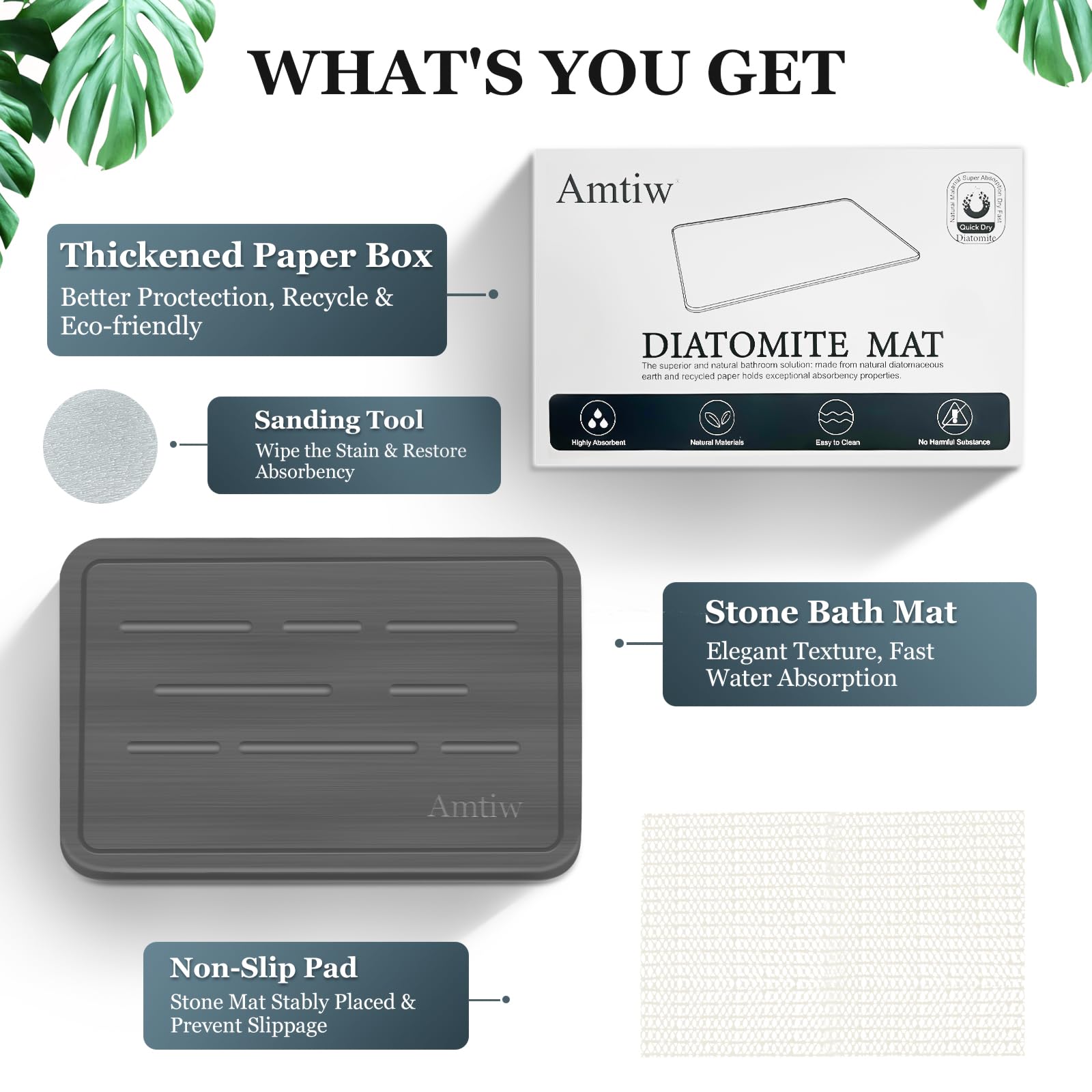 Amtiw Stone Bath Mat Non-Slip Fast-Drying Mat for Kitchen Counter, Bathroom Floor - Super Absorbent Diatomaceous Earth Shower Mat (Gray)