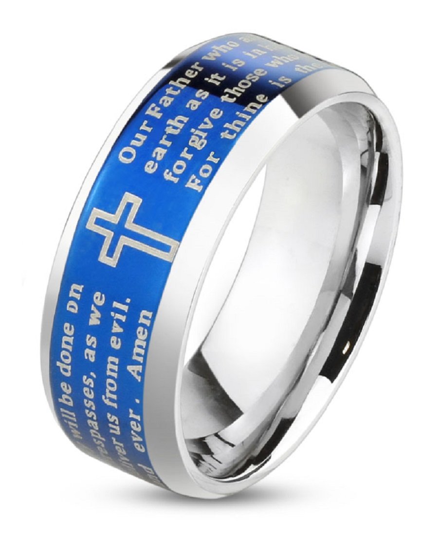 Artisan Owl Lord's Prayer Blue Beveled Edge IP Stainless Steel Ring with Cross (8)
