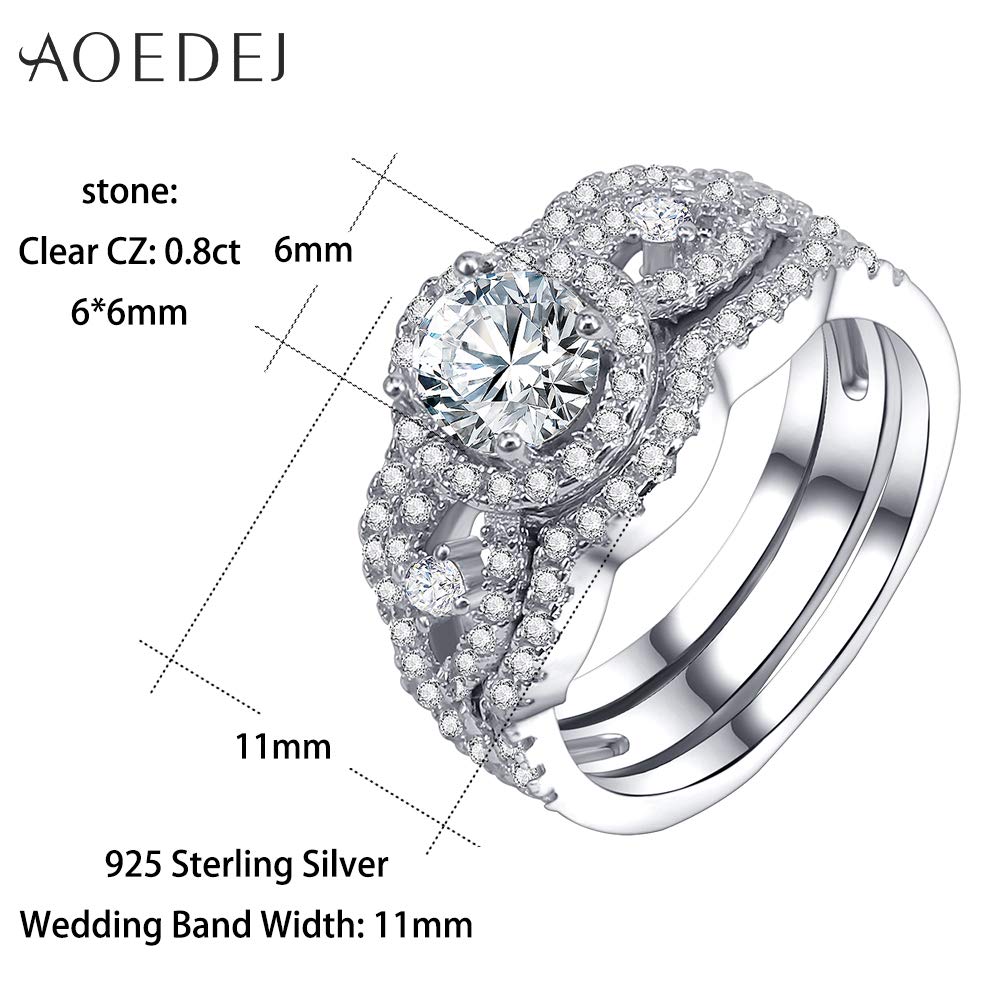 AOEDEJ 3 Piece Round Cut Halo CZ Ring 925 Sterling Silver Anniversary Wedding Band Engagement Ring Bridal Set (8)