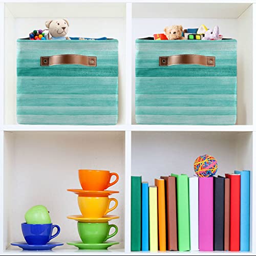 ALAZA Teal Turquoise Green Wood Large Storage Basket with Handles Foldable Decorative 1 Pack Storage Bin Box for Organizing Living Room Shelves Office Closet Clothes