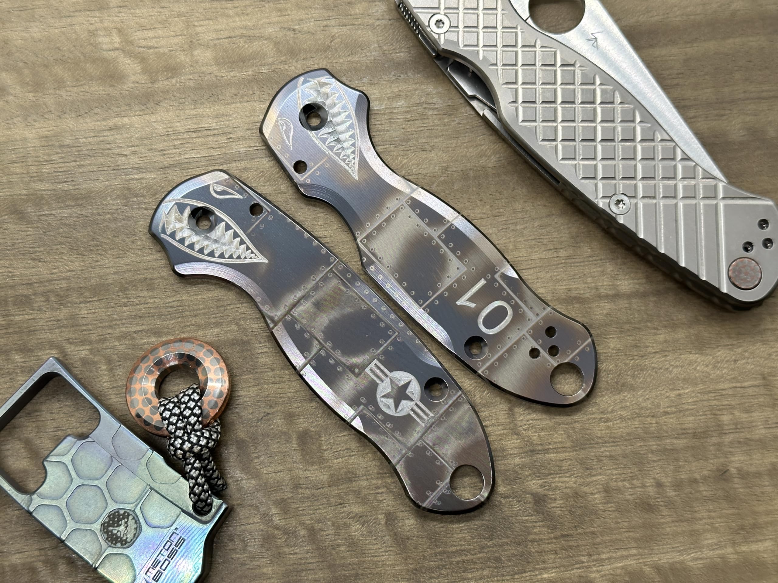 Black P40 Riveted Airplane Engraved Titanium Scales for Spyderco para 3