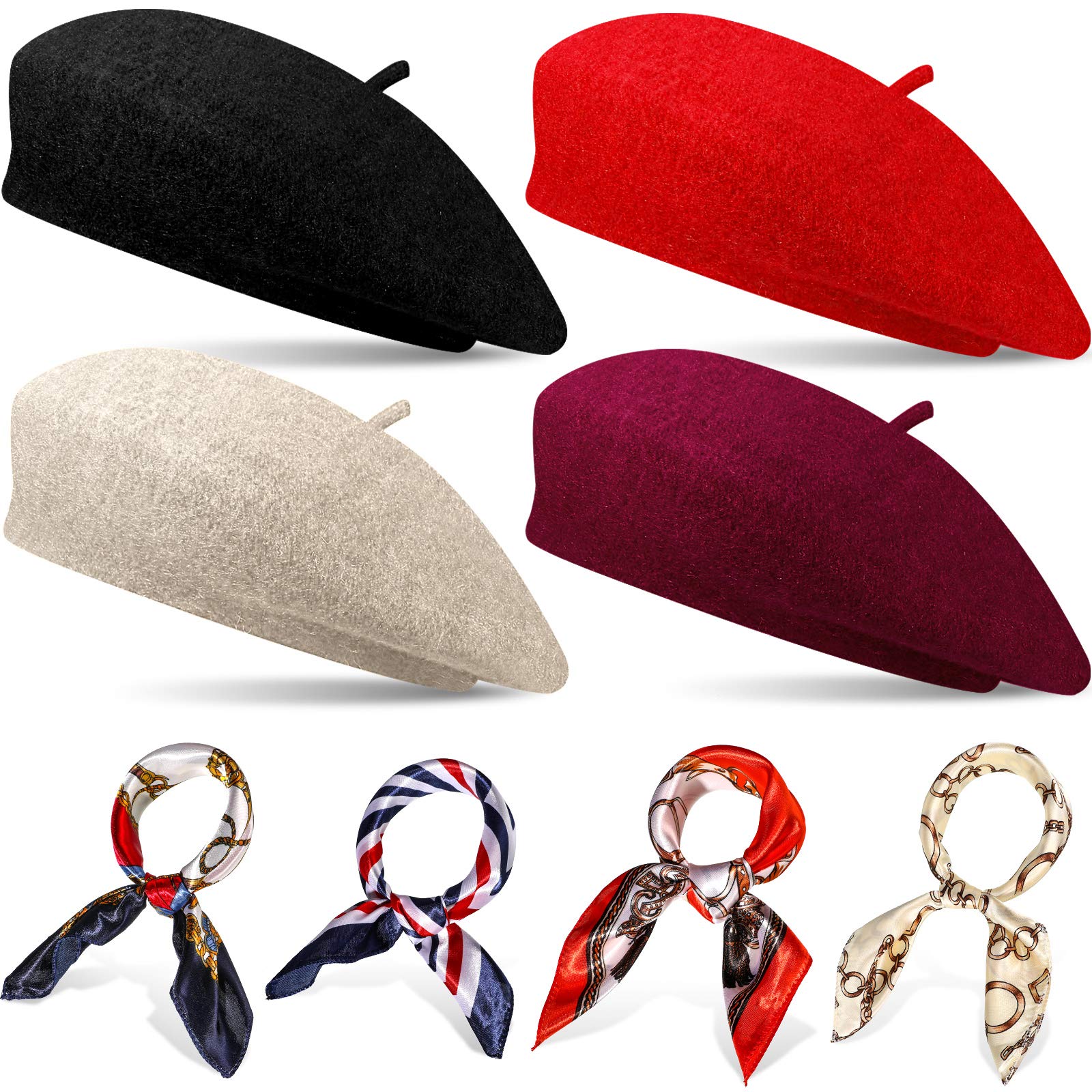 Geyoga Women Beret Hat Winter Wool Beret Hat French Beanie Beret Solid Color Beret with Skily Scarf(Black, Red, Beige, Wine Red)