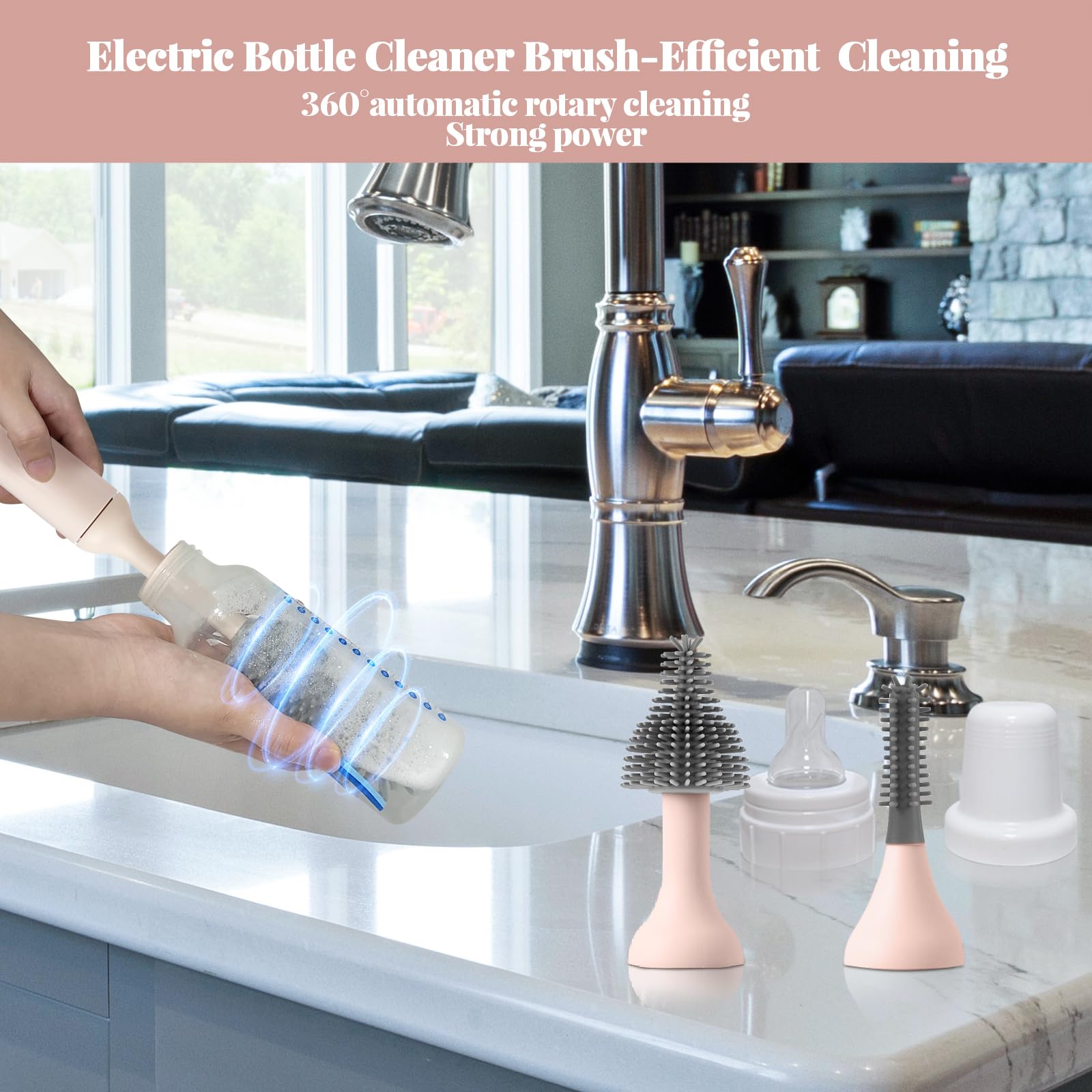 Augensterm Electric Cleaning Brush with USB Rechargeable Electric Bottle Brush Cleaner and 3 Replaceable Silicone Bottle Brushes and Straw Cleaner Brush,Perfect Baby Gifts and Kitchen Brushes(Pink)