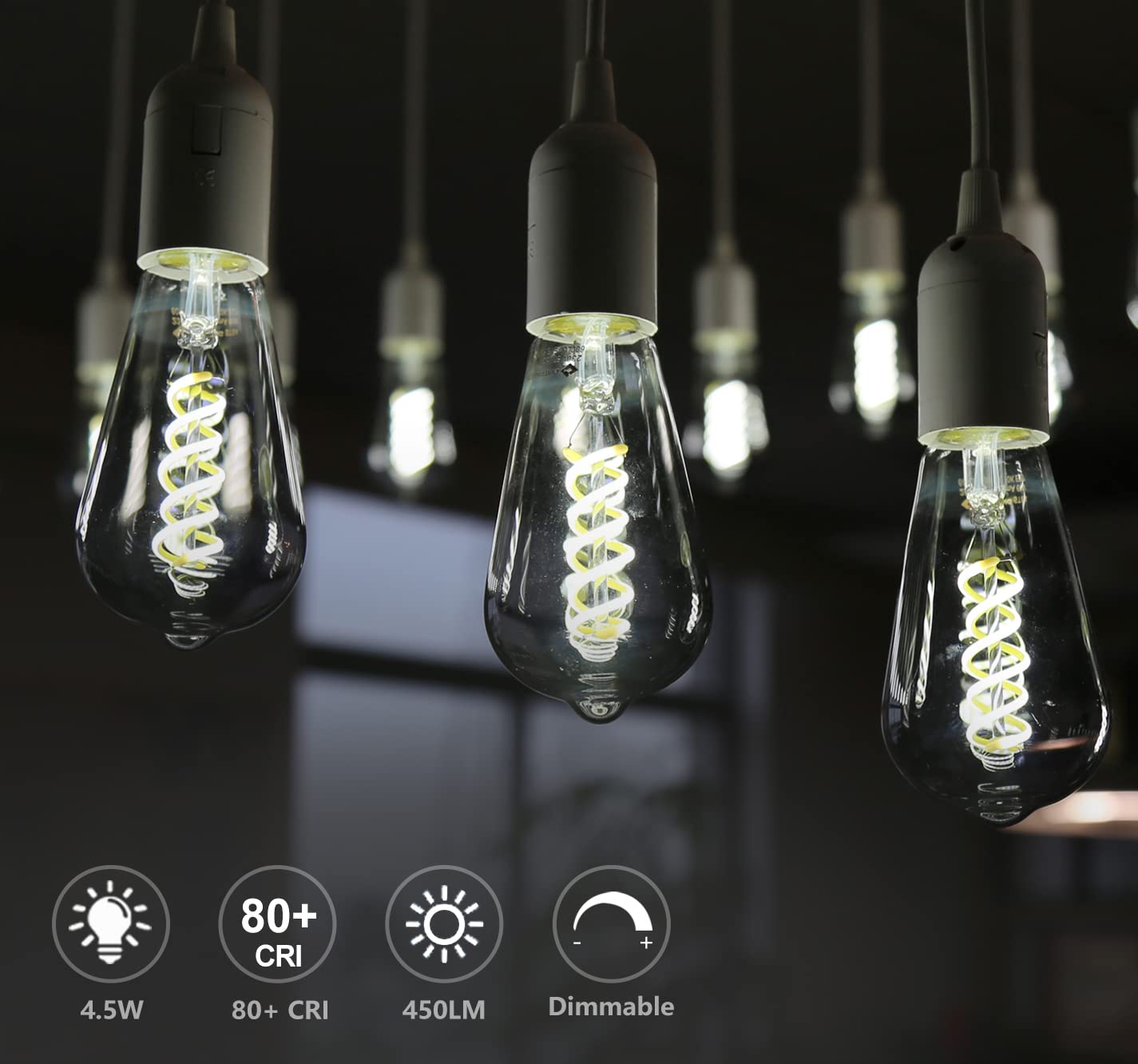 Austin Coast ST19/ST58 Vintage LED Edison Bulb,4.5W Daylight 5000K,Dimmable Flexible Spiral LED Filament Light Bulb with Smoky Grey Glass,4.5W Equivalent to 45W, E26 Base(4.5W-5000K-6 Pack)