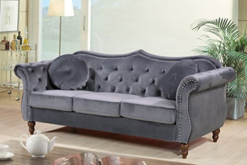 Container Furniture Direct Anna1 Chesterfield Velvet Couches for Living Room, Button Tufted Luxury Upholstery with Rolled Arms, High-Density Foam, Durable Wood Frame, 79.5" Sofa, Lava Gray