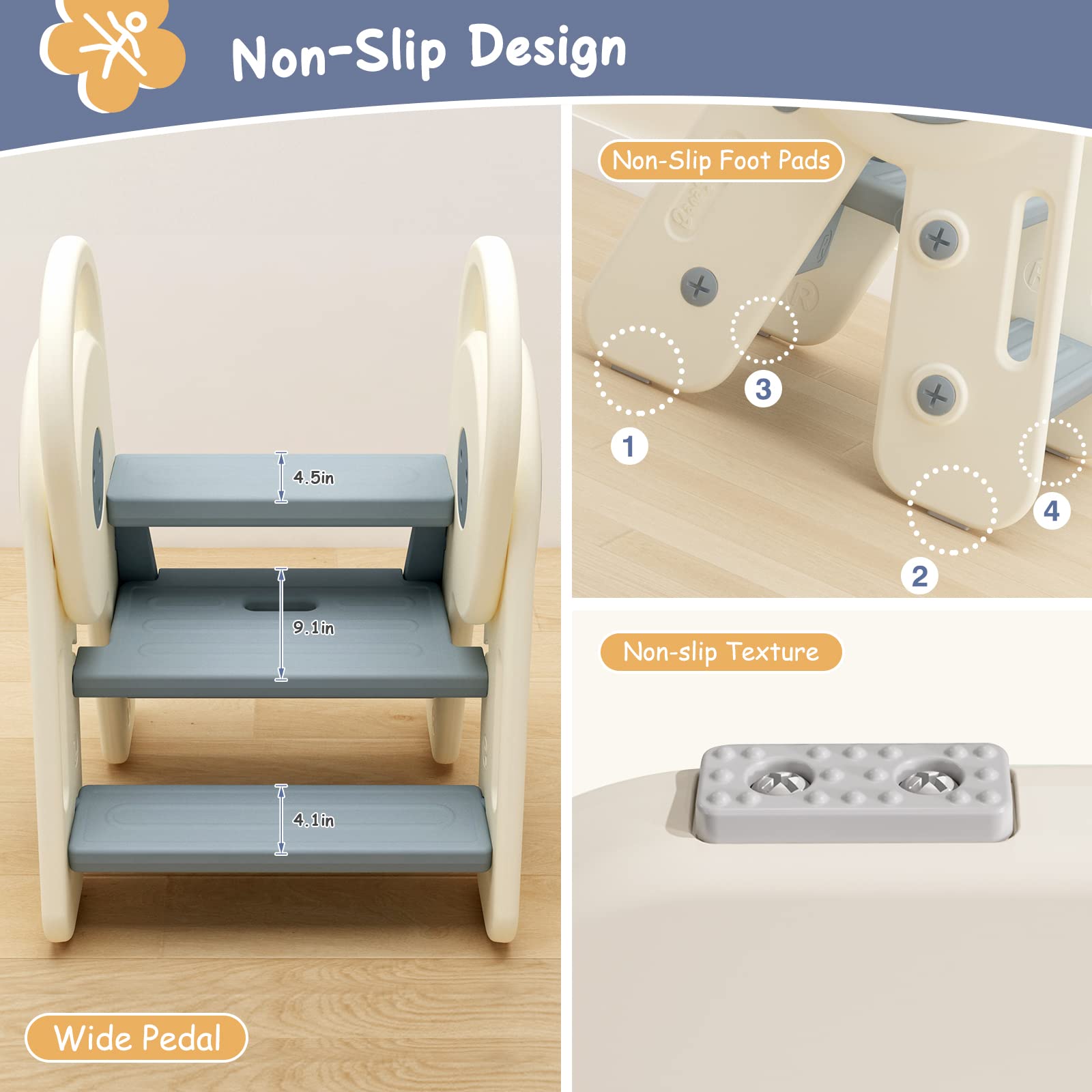 BanaSuper Foldable Toddler Step Stool with Safety Handrail for Kitchen Counter Bathroom Sink Kids Adjustable Toilet Potty Training Stool Children Step Ladder Learning Helper with Non-Slip Pads (Blue)