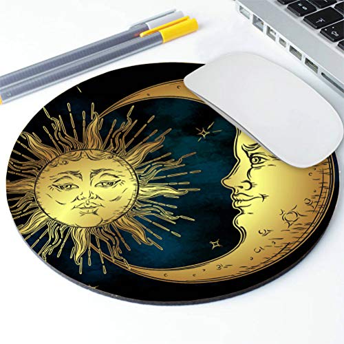 Amcove Golden Sun Round Mouse Pad, Crescent Moon and Stars Over Blue Black Sky Customized Mouse Mat,Washable Mousepads with Lycra Cloth, Non-Slip Rubber Base Mousepad, 7.9×7.9×0.12 inches