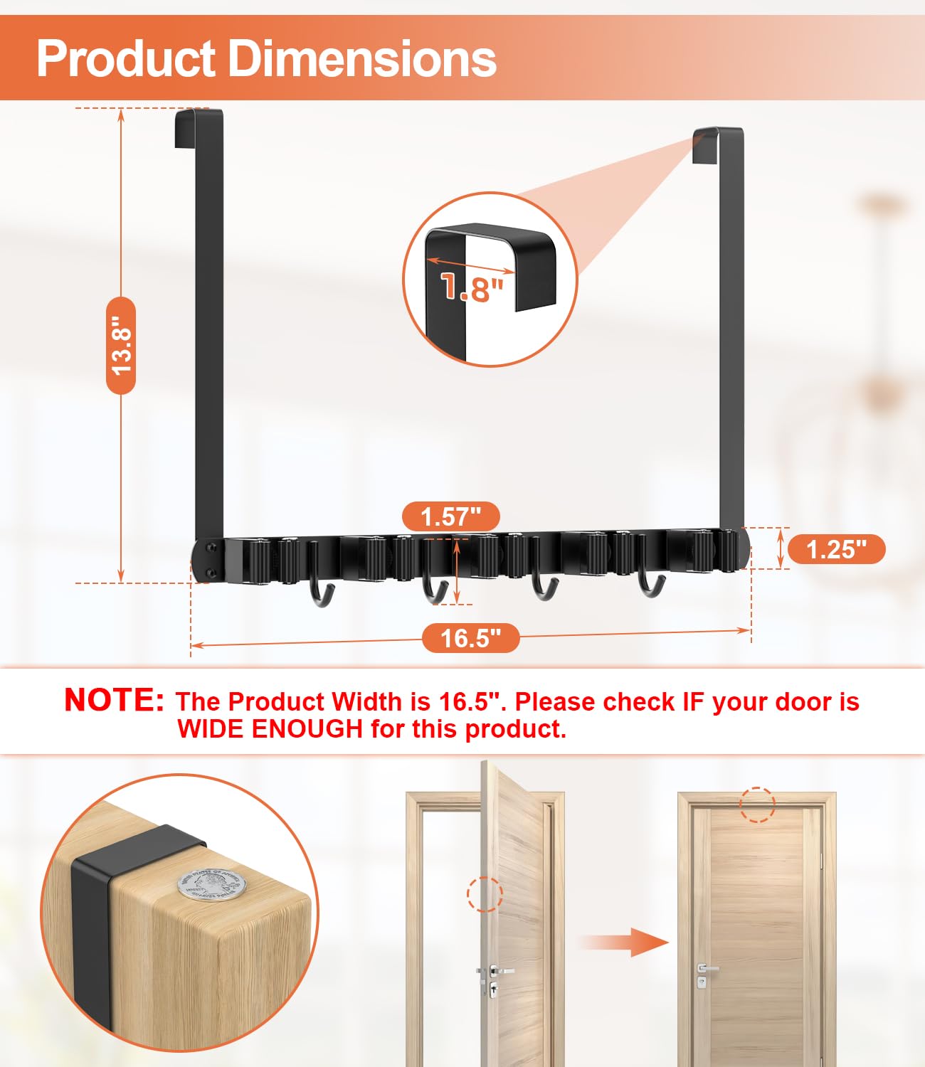 Broom Holder Over The Door-2PCS Drilling Free Mop and Broom Holder with 4 Over Door Hook, Metal Mop and Broom Holder Wall Mount Broom Storage Tool Organizer for Laundry Room Garage Kitchen Bathroom