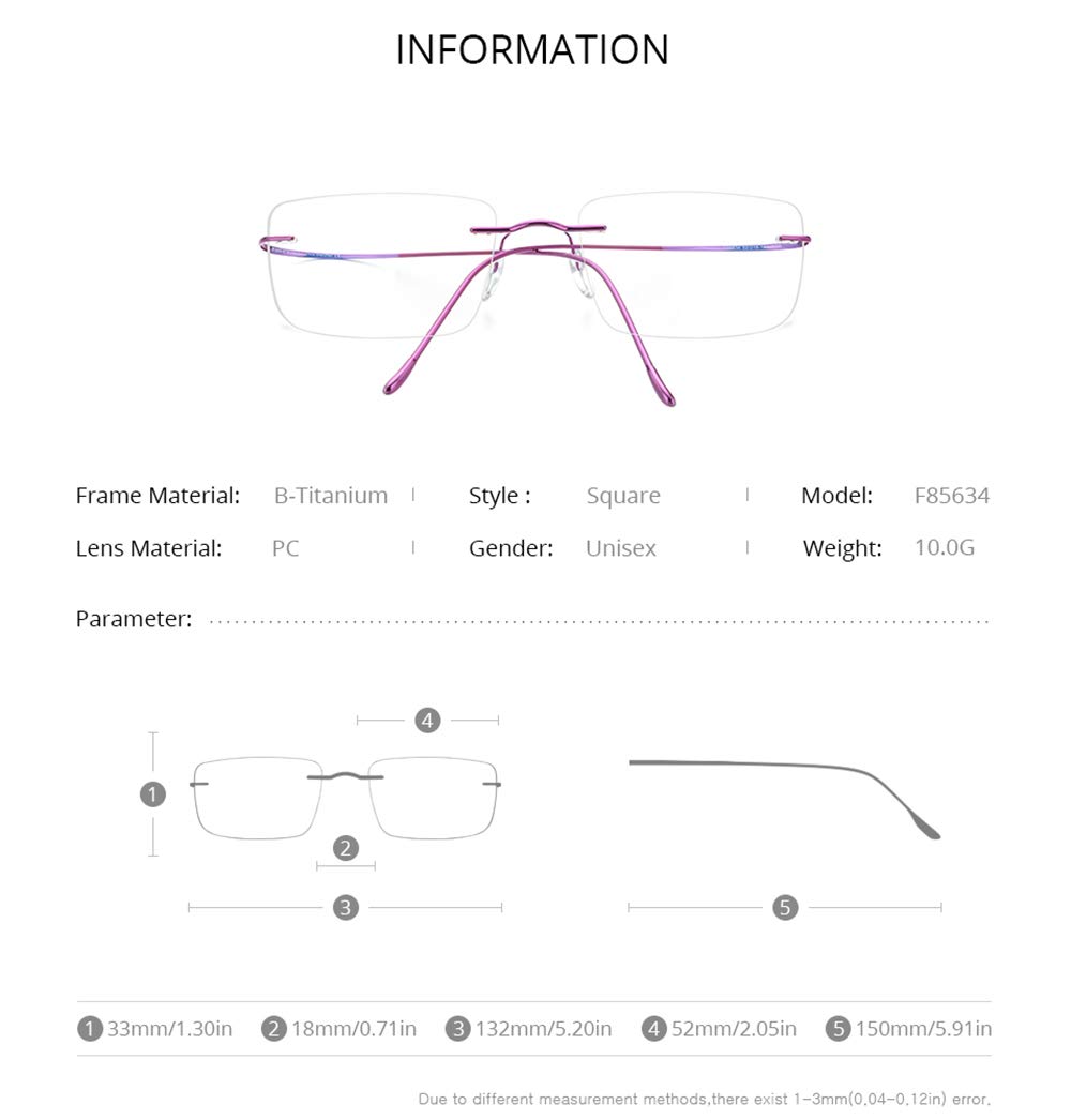 FONEX Titanium Glasses Frame,Rimless Frameless Optical Eyewear Eyeglasses for Men and Women F85634 (Blue)