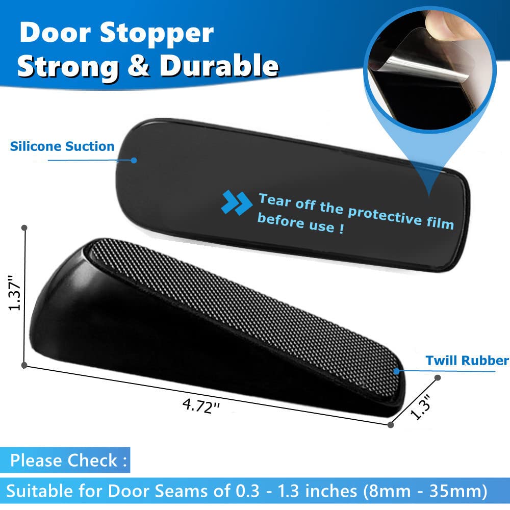 Amedoo Door Stoppers (2 Pack) Heavy Duty Door Stop Wedge Made of Premium Quality Zinc Alloy and Rubber, Comes with 2Pcs Adhesive Storage Holder. (Black, 2 Pack)