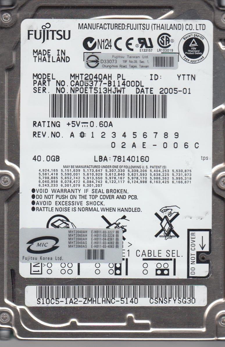 MHT2040AH-PL FUJITSU 40GB 2.5INCH IDE HARD DRIVE P/N: MHT2040AH-PL - FUJITSU