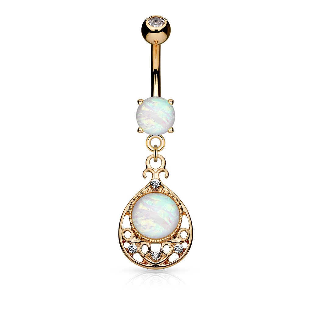 Amelia Fashion 14GA Vintage Glitter Center Opal Dangle Belly Button/Navel Ring 316L Surgical Steel (Choose Color) (Rose Gold & Opal)