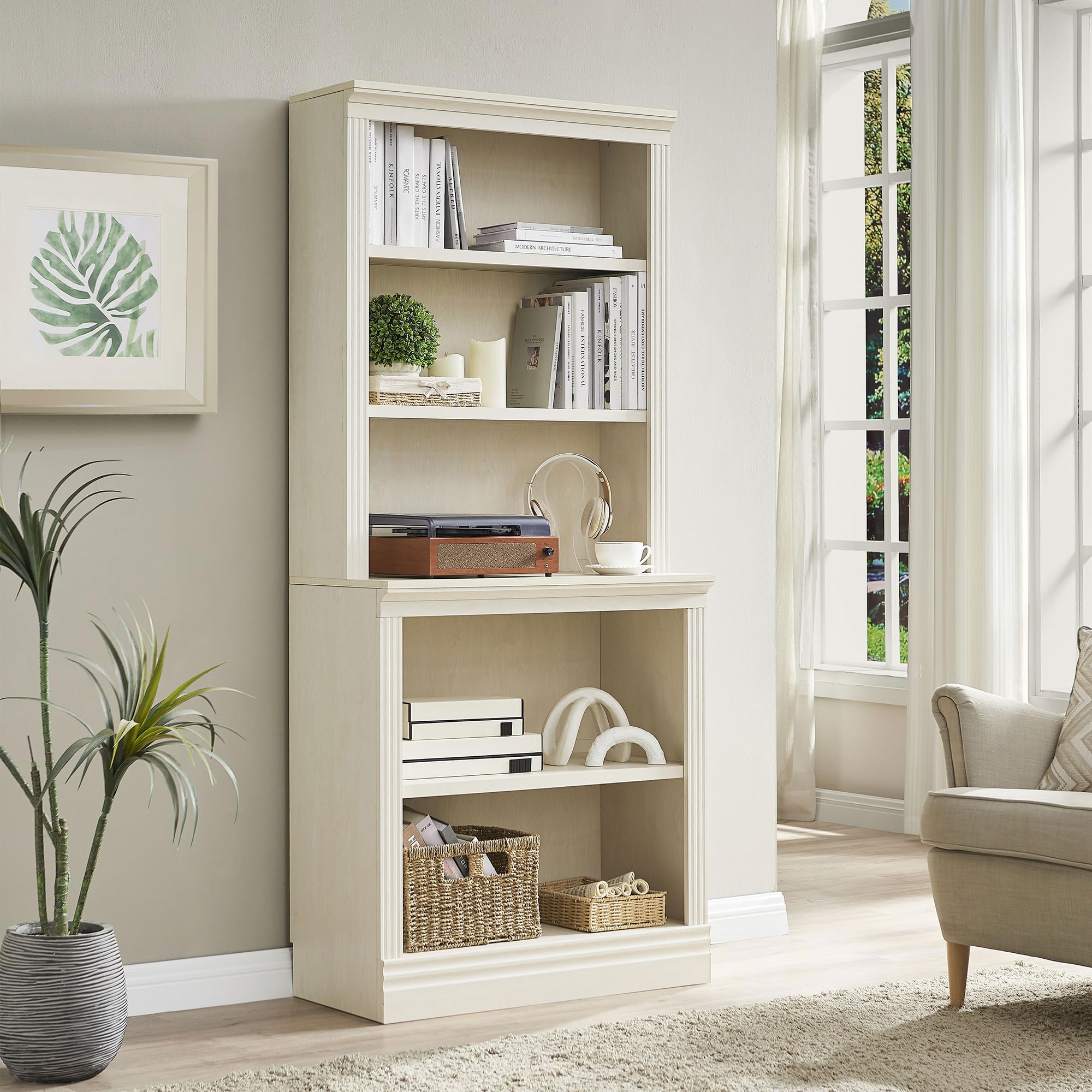 JAHRSTIM Multi-Depth Bookshelves and Bookcase Floor Standing 5 Tier Display Shelves Organizer and Storage, 72in Tall Bookshelf for Home Office, Living Room, Bed Room, Kitchen, Cream