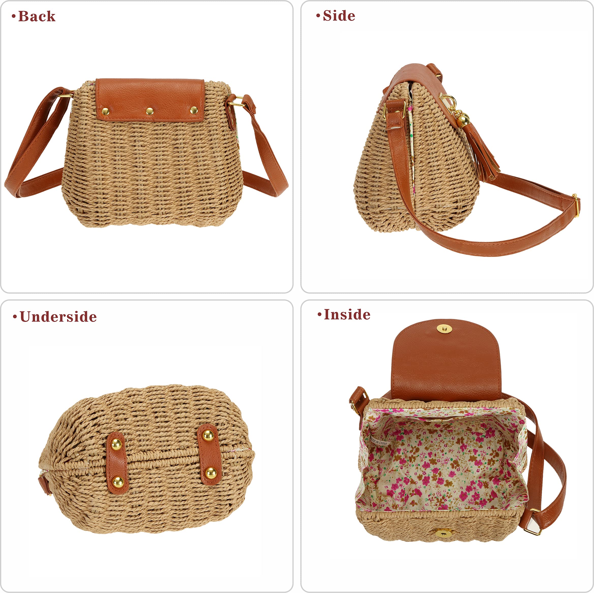 So'each Women's Handmade Wicker Woven Purse Tassels Message Crossbody Shoulder Bag Khaki
