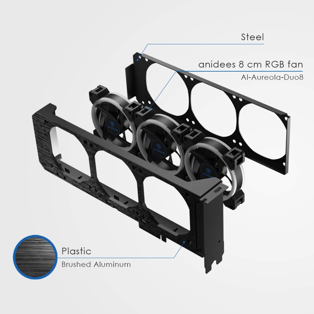 anidees Graphic Card Cooler 3 x 80mm PWM Fan, Support Aura SYNC/Mystic Sync/Aura RGB/RGB Fusion (5V 3 Pin Addressable headers ONLY) PCI Mount Bracket with Remote- AI-GP-CL