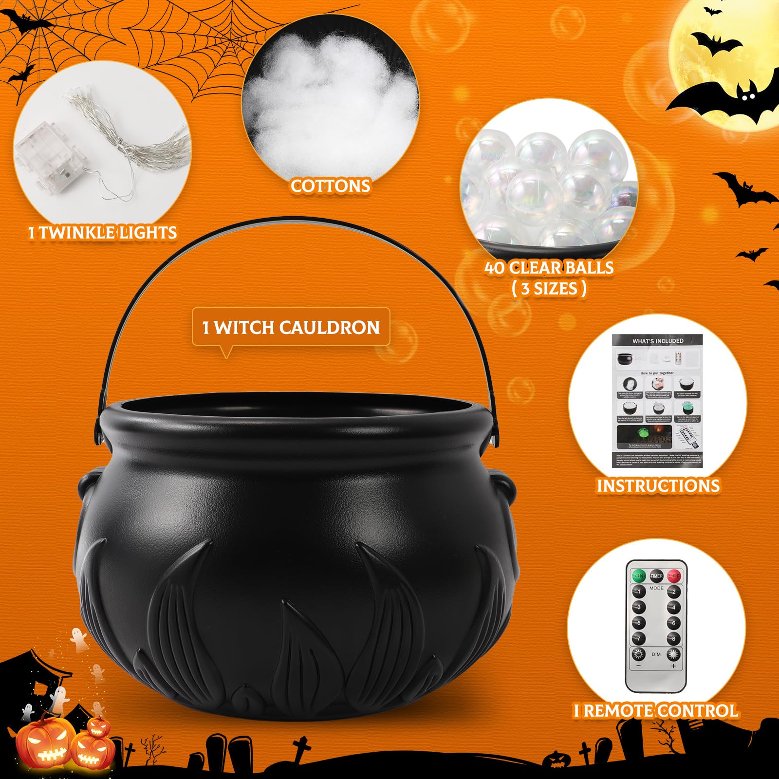 BHLUUIYER Halloween Decorations Indoor - DIY Bubbling Cauldron Set with Light, Halloween Hocus Pocus Party Decor Black Plastic Candy Bowl Decor Bucket Decorations for Home Mantle Kicthen