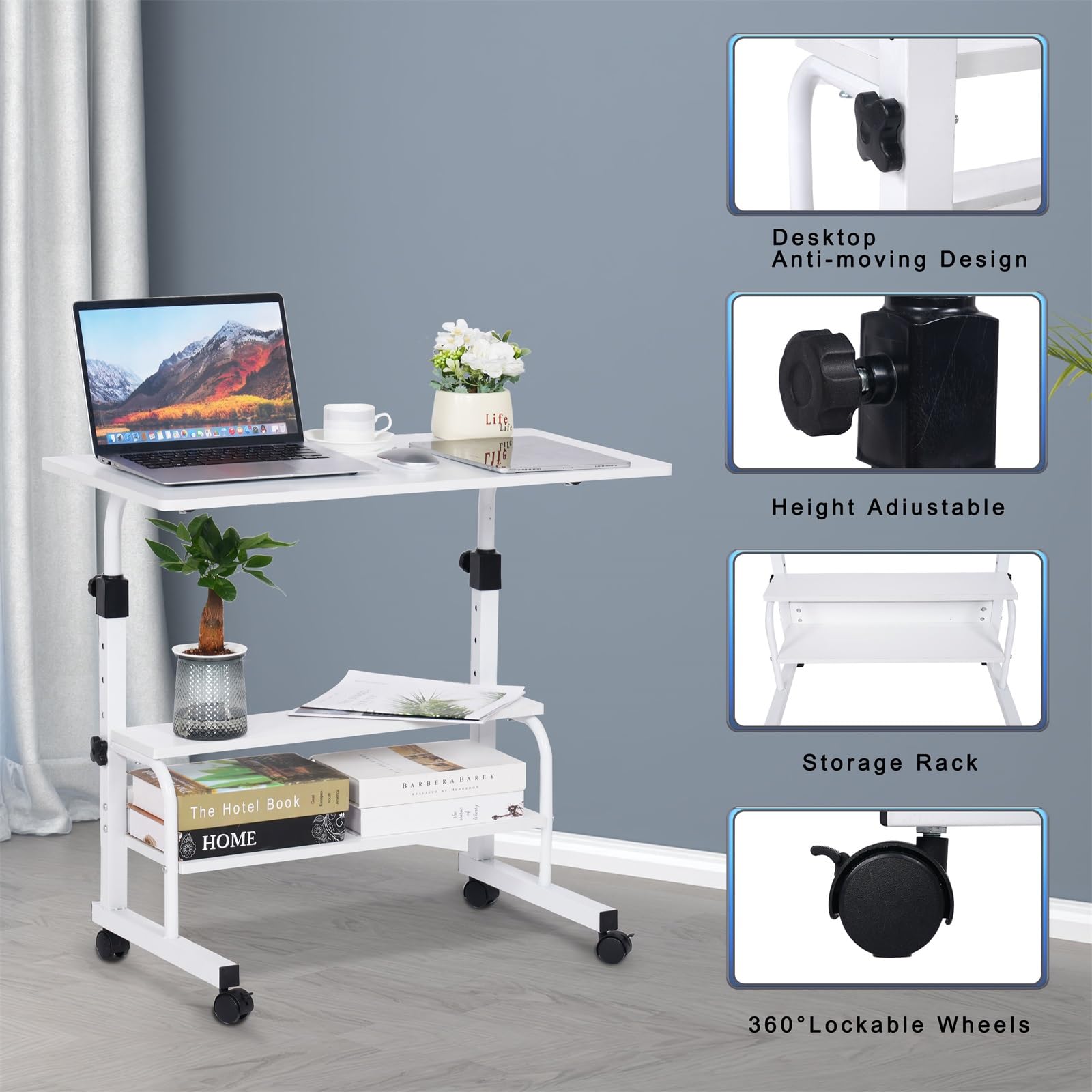 Adjustable Height Rolling Portable Desk with Wheels, Small Standing Desk Mobile 32 Inch Computer Desk for Small Space, Work Desk for Home Office with Storage Laptop Table Study Student Desk Black