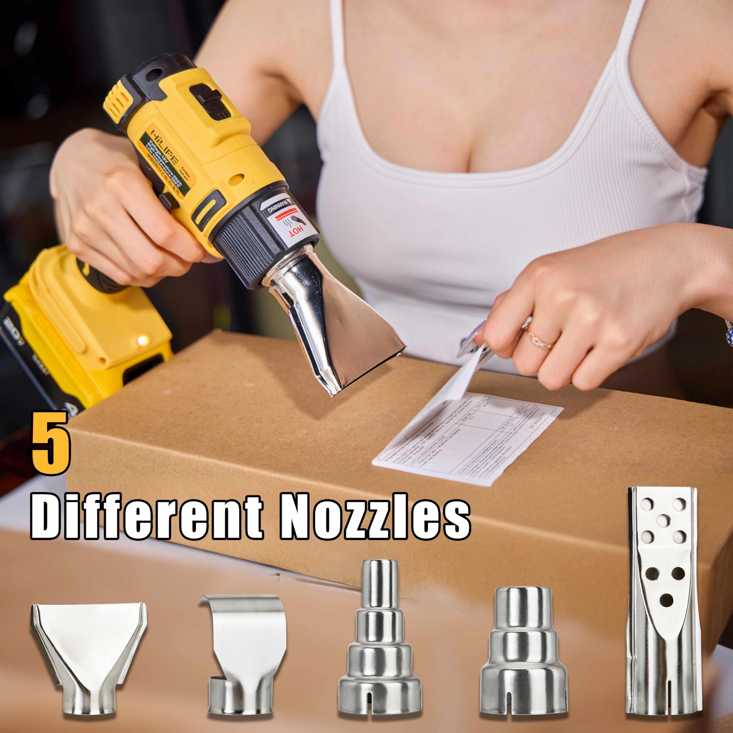 HILIPE Cordless Heat Gun for DeWALT 20v Battery,Lithium Hot Air Gun, 5 Nozzle Attachments,2-Temp Setting Max 1022°F(550°C),Heat Gun for Shrink Wrapping, Tube Bending (Tool Only, NO Battery)