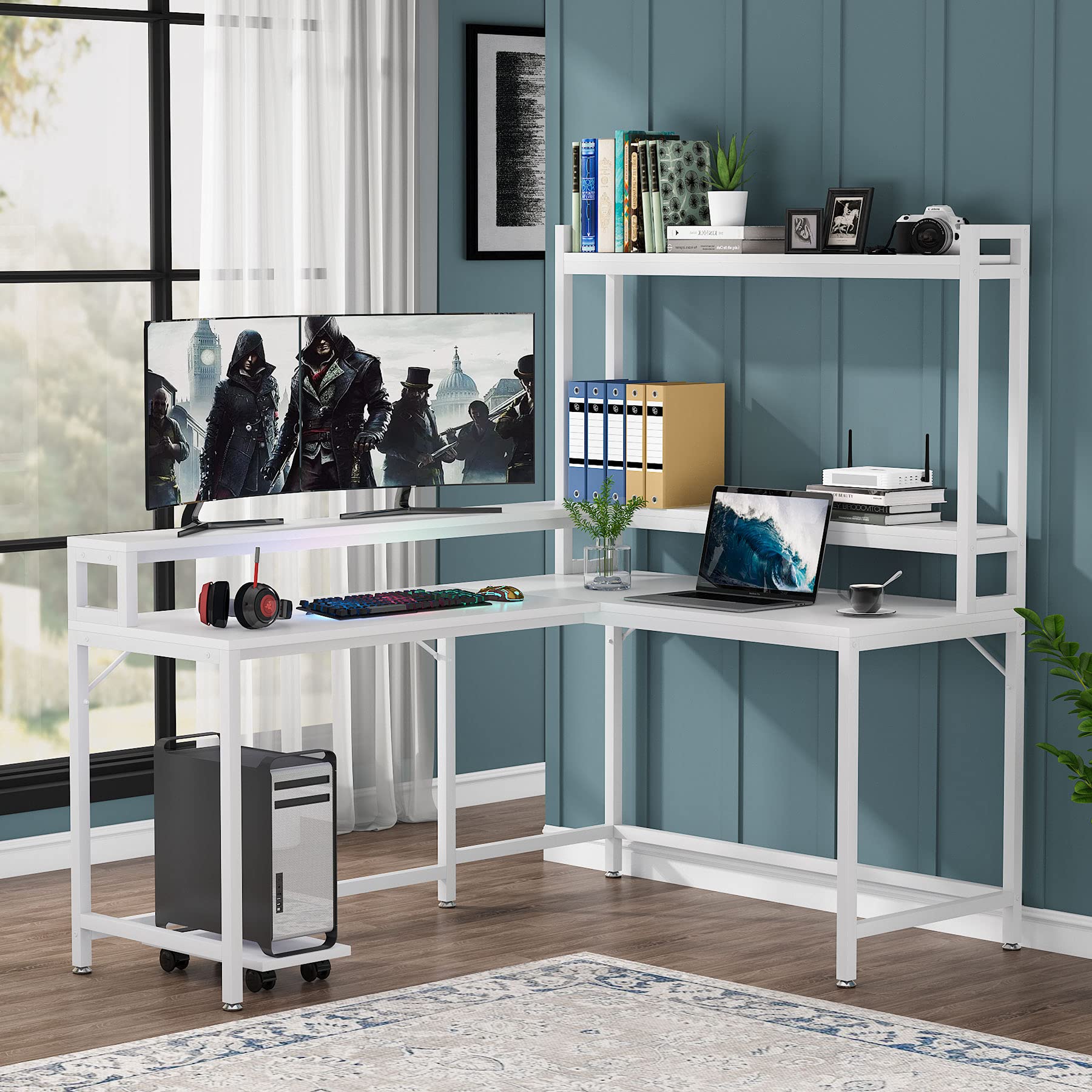 Tribesigns L Shaped Desk with Hutch and Monitor Stand, Corner Computer Desk Home Office Desk with Storage Shelf, Gaming Table Workstation,CPU Stand Included, (White&White)